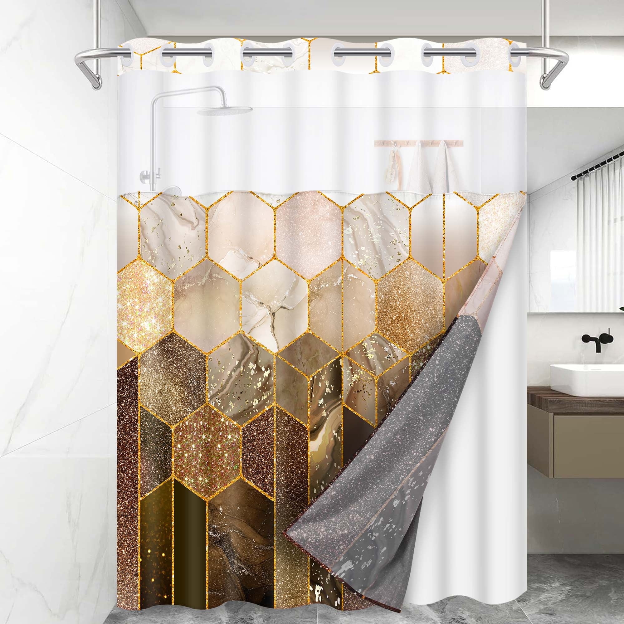 "Ikfashoni Hookless Shower Curtain with Snap Liner, Waterproof Fabric, Hexagon Brown, 71""x74 ...