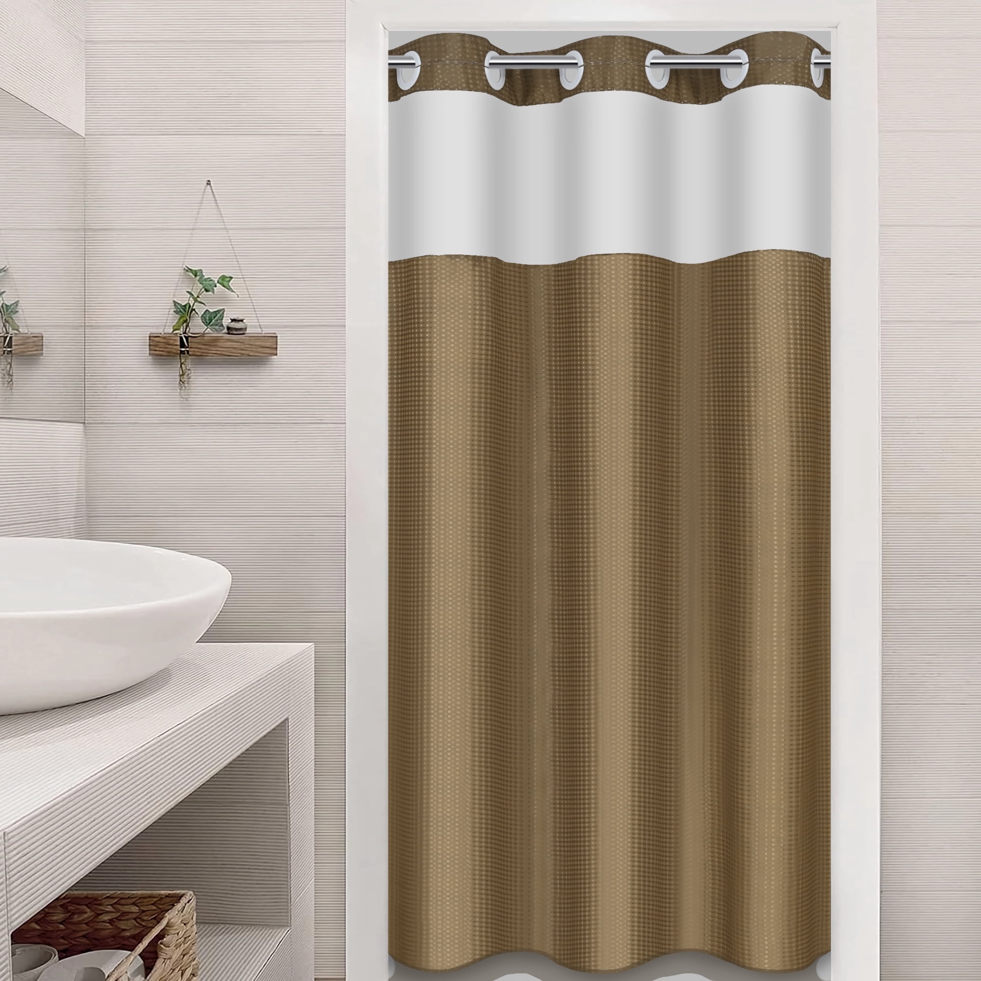 Ikfashoni Hookless Shower Curtain with Snap in Liner, Khaki Waffle ...