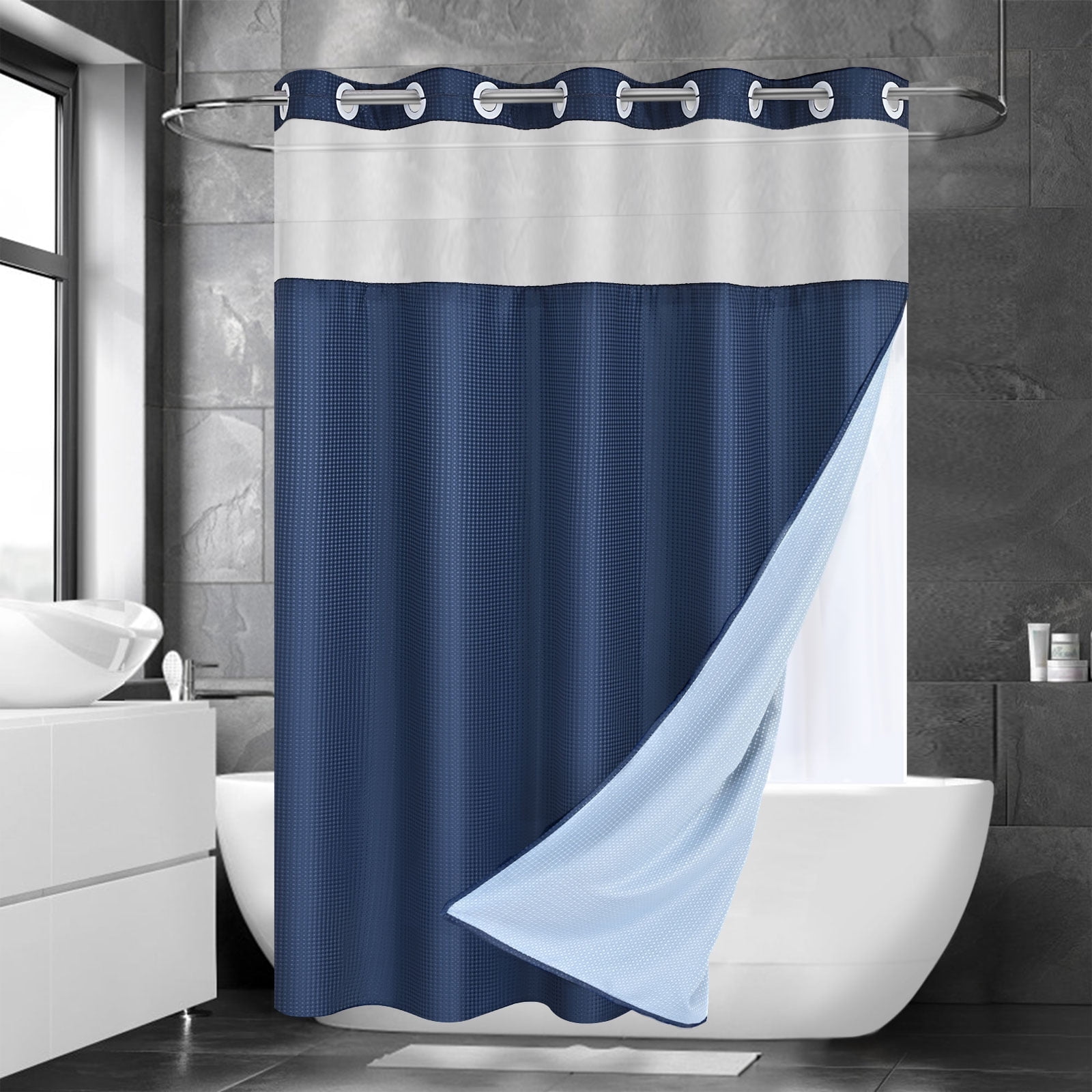 Ikfashoni Hookless Shower Curtain with Snap in Liner, Navy Waffle Weave ...