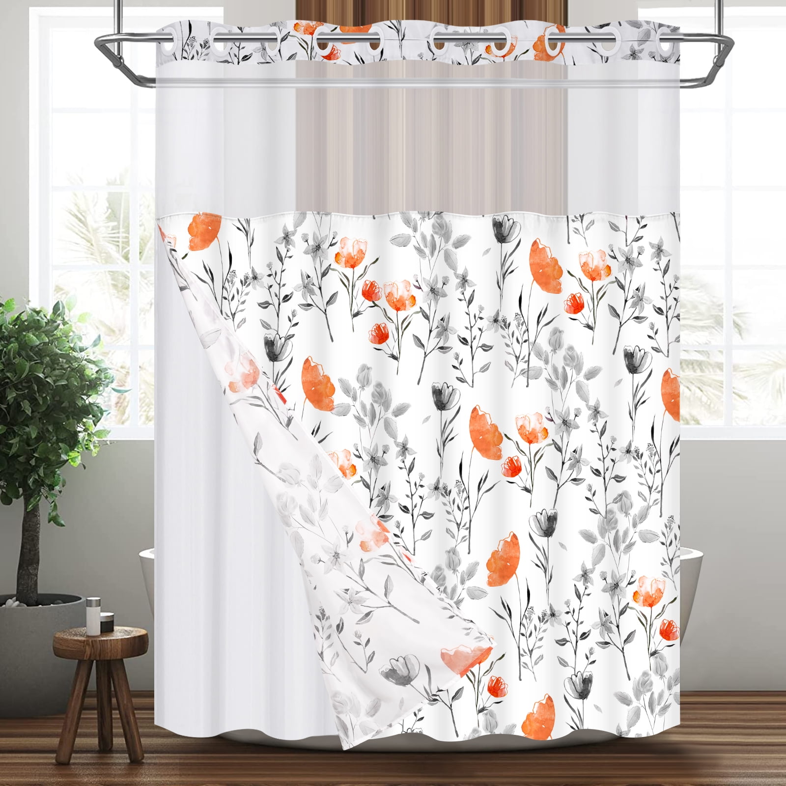 "Ikfashoni Orange Floral Waterproof Shower Curtain, 71""X74"" Size ...