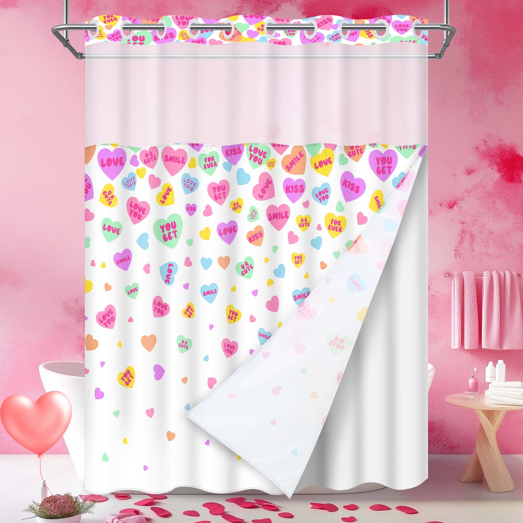 Ikfashoni Hookless Shower Curtain with Snap in Liner, Pink No Hook ... Ikfashoni Hookless Shower Curtain with Snap in Liner, Pink No Hook ...