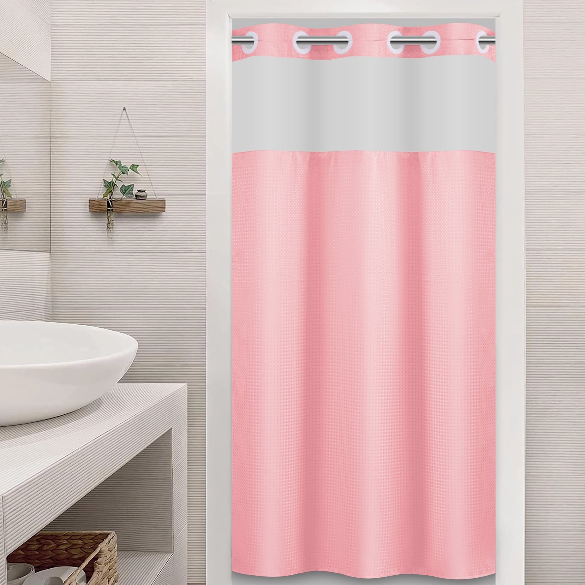 Ikfashoni Hookless Shower Curtain with Snap in Liner, Pink Waffle Weave ...