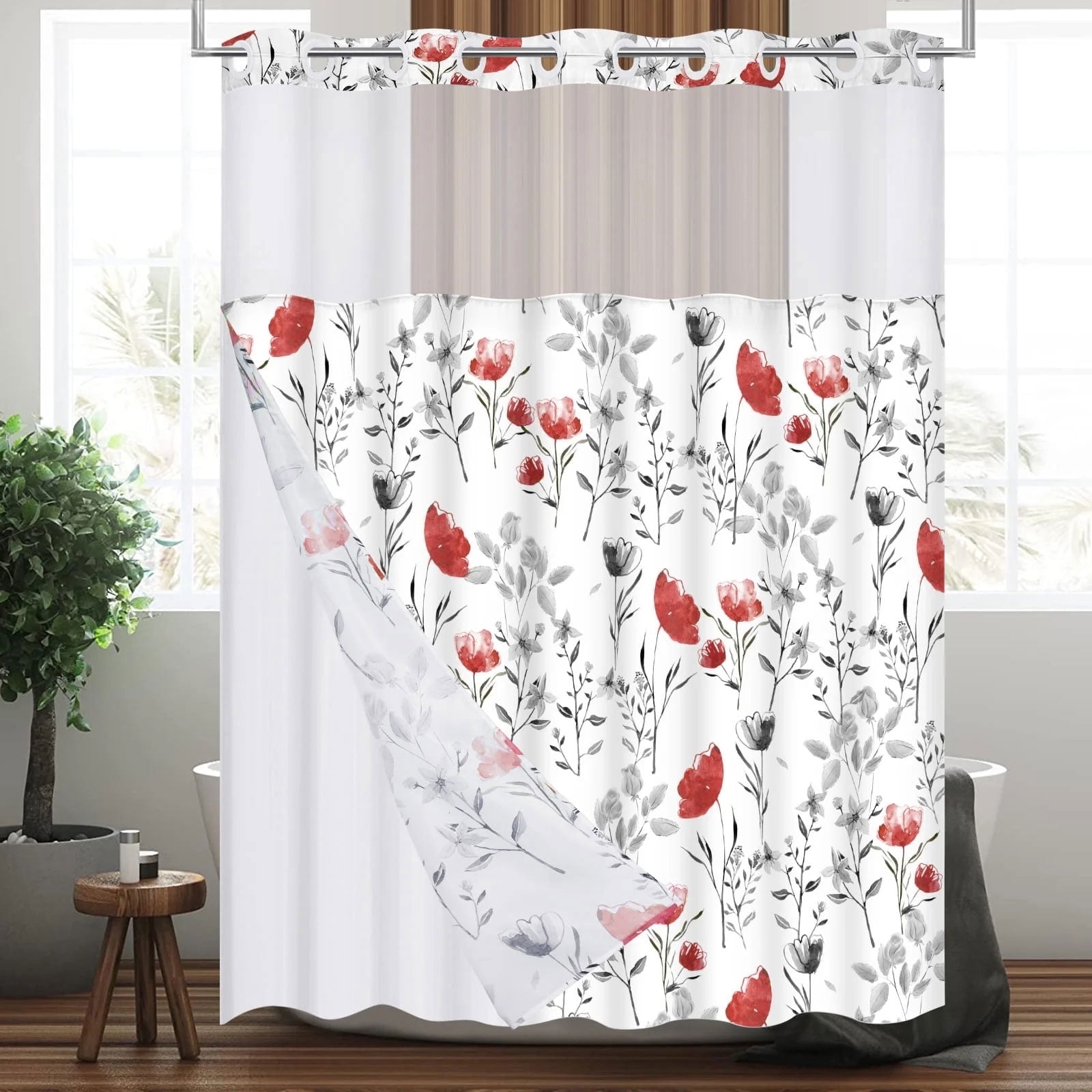 Ikfashoni Hookless Shower Curtain with Snap in Liner, Red Floral ...