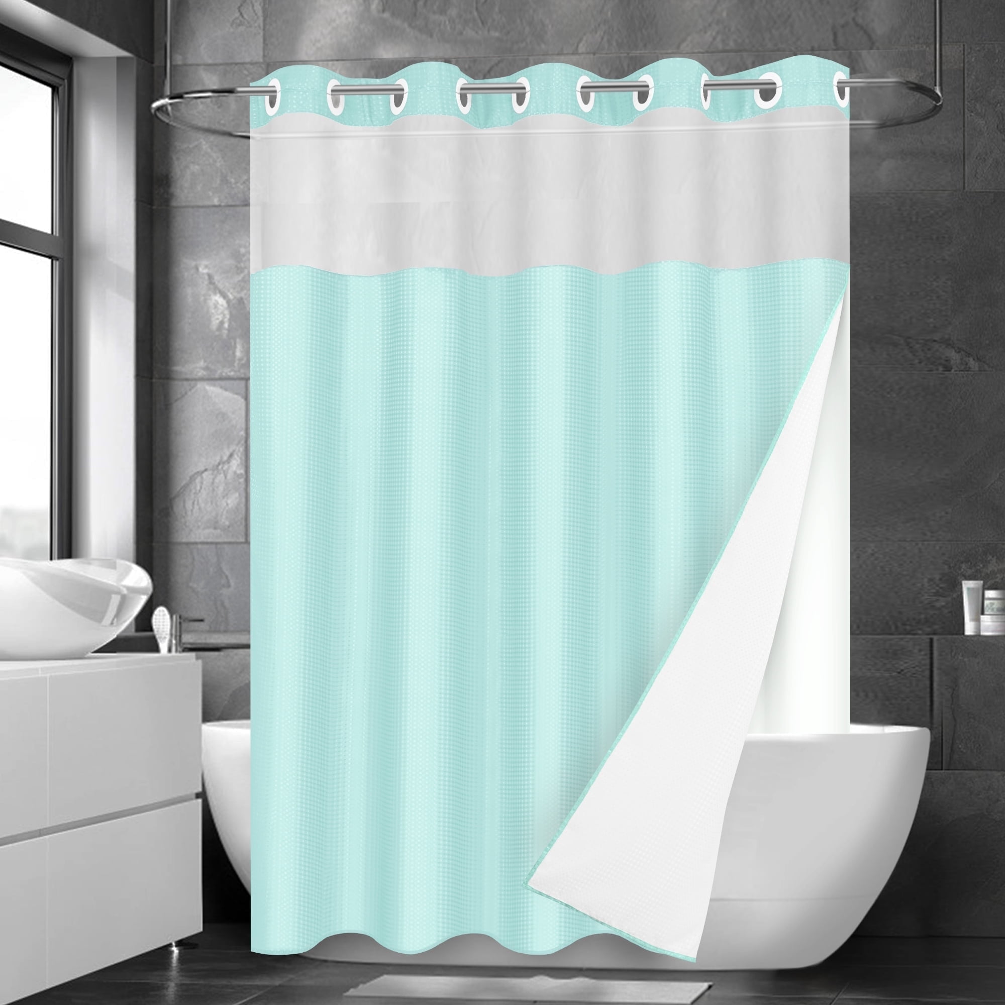 Ikfashoni Hookless Shower Curtain with Snap in Liner, Teal Waffle Weave ...