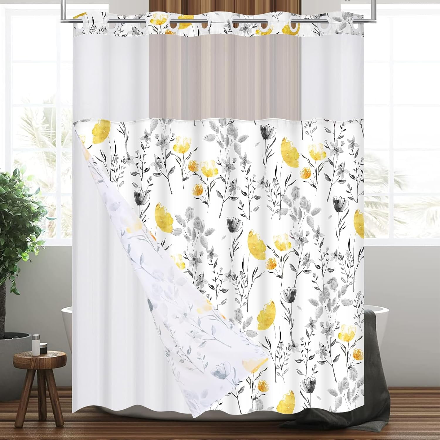"Ikfashoni Hookless Shower Curtain with Snap-in Liner, Yellow Floral ...