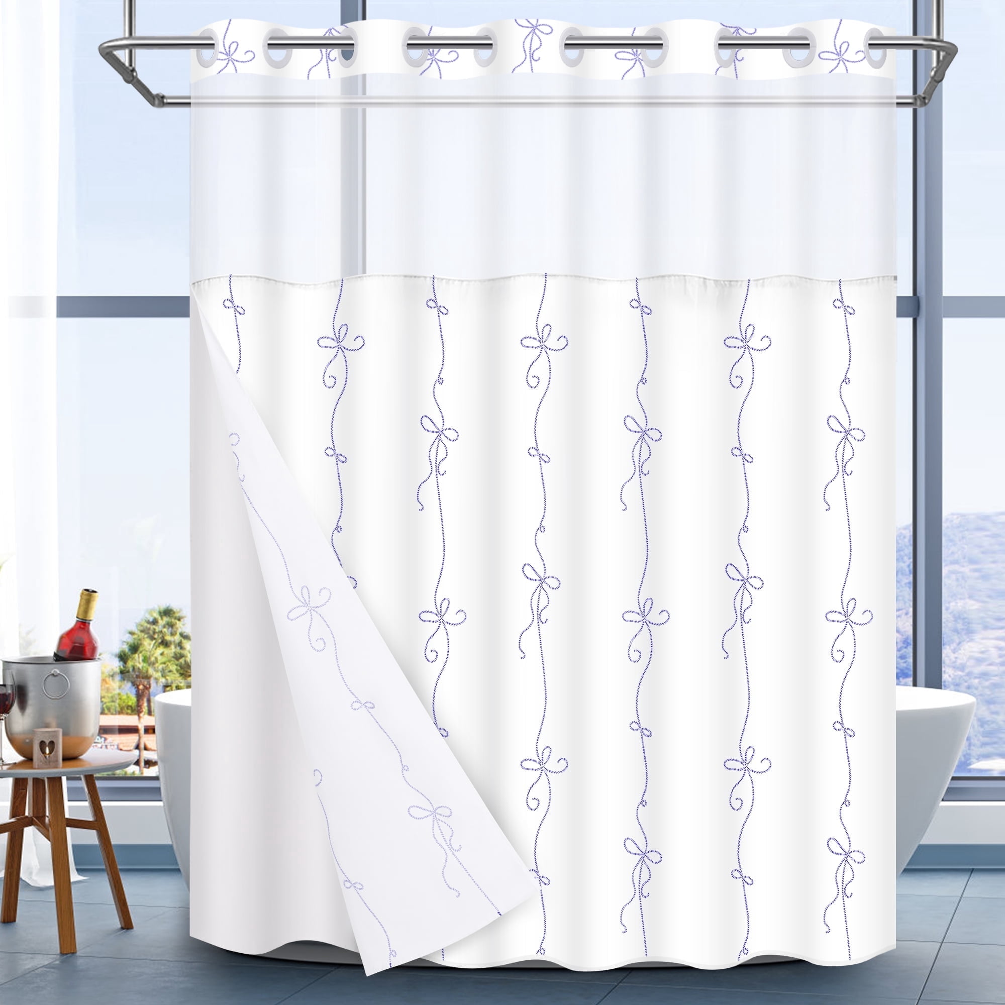 Ikfashoni No Hook Shower Curtain with Snap in Liner, Purple Bow ...