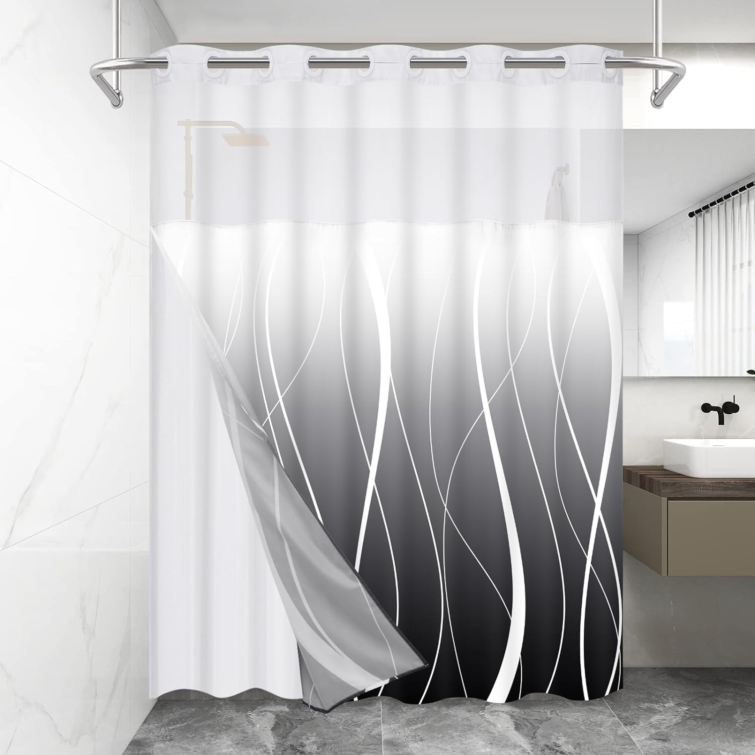 Ikfashoni Ombre Hookless Shower Curtain with Snap in Liner, Black ...