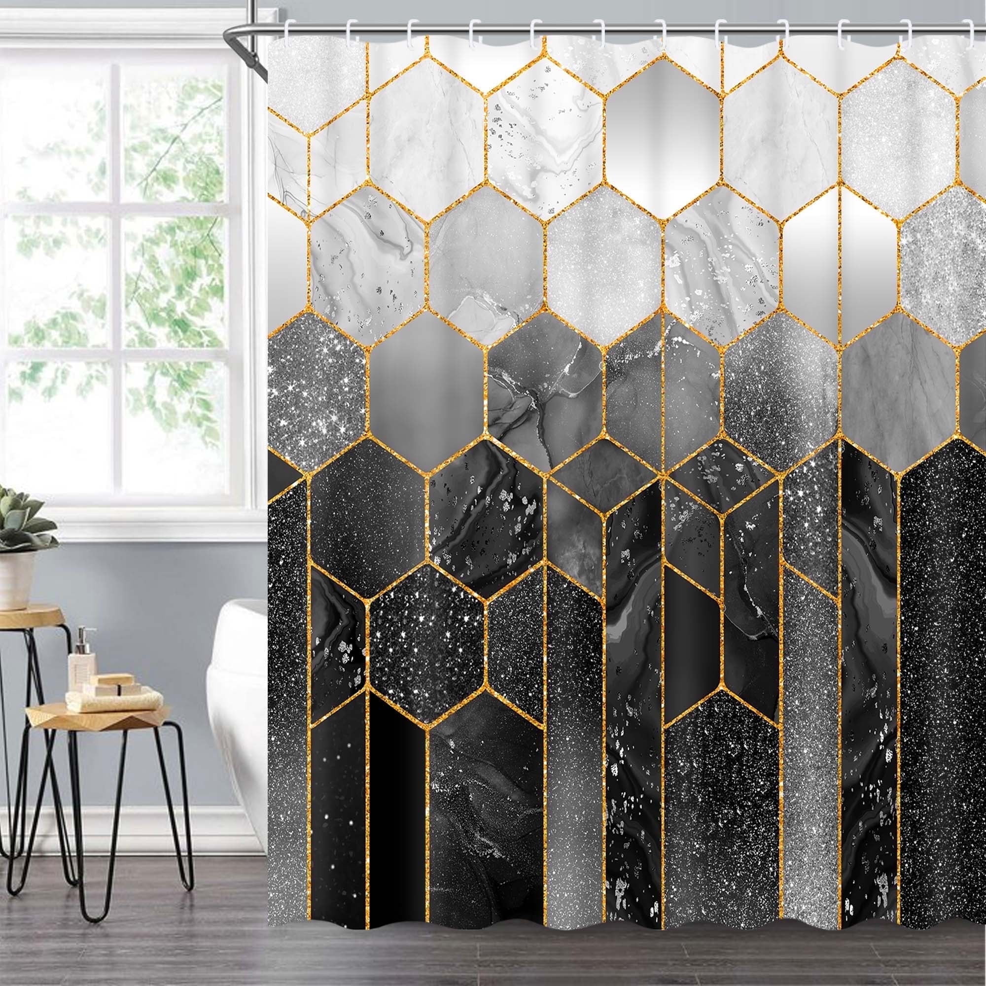 Ikfashoni Shower Curtain with Hooks, Black Marble Hexagon Waterproof Fabric Bath Curtain, 69"X70 ...