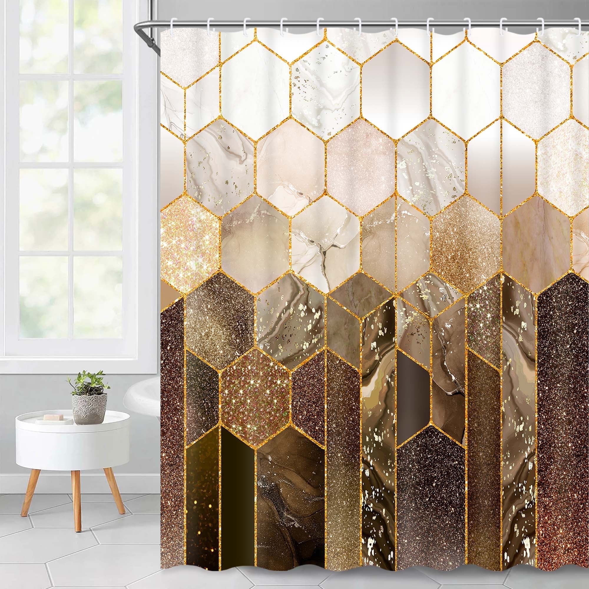 Ikfashoni Shower Curtain with Hooks, Waterproof Brown Marble Hexagon Fabric Bath Curtain, 69"X70 ...