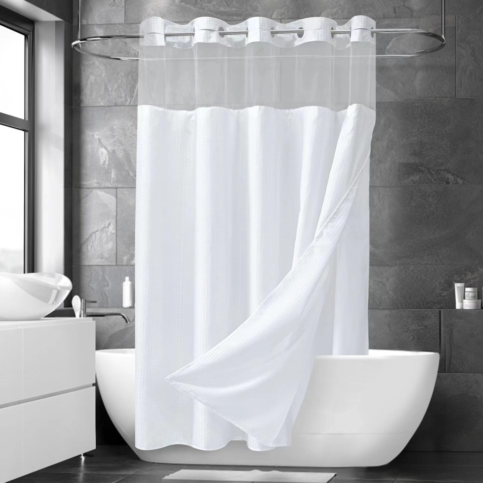 Ikfashoni White Hookless Shower Curtain with Snap in Liner, Waffle ...