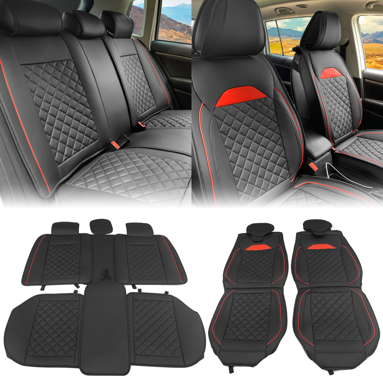 Ikon Motorsports Car Seat Covers Universal Fit 03 Style Black & Red PU ...
