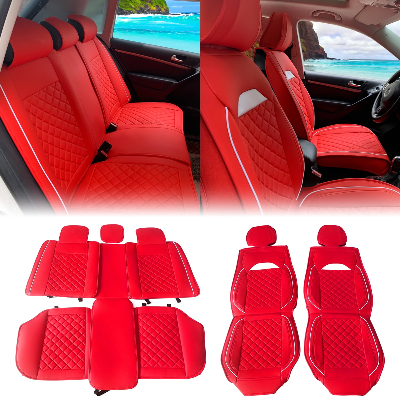 Ikon Motorsports Car Seat Covers Universal Fit 03 Style Red & White PU ...