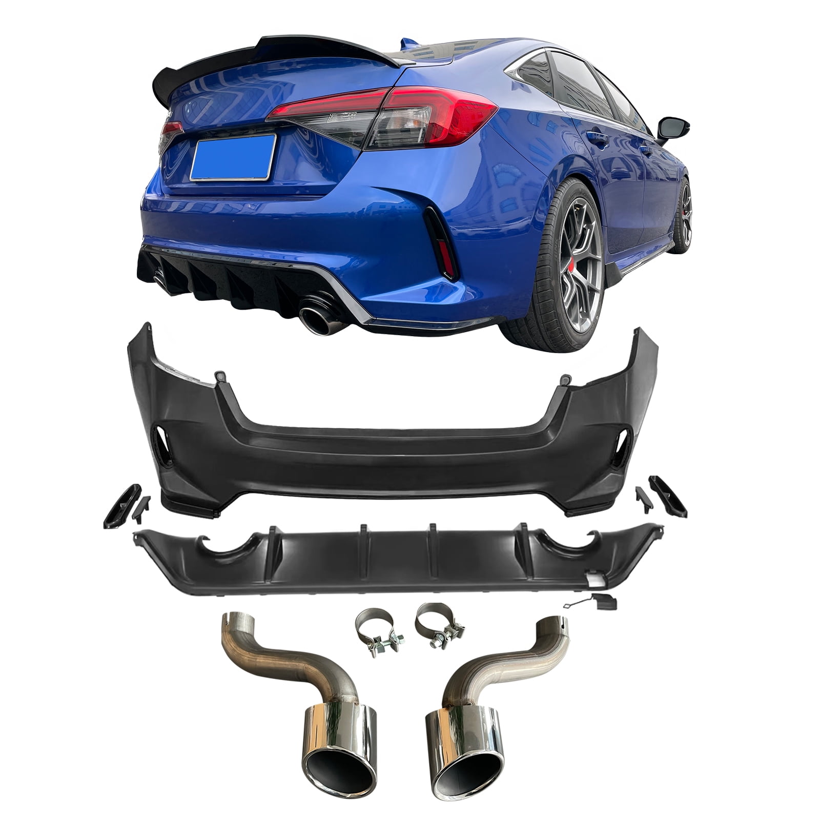 Ikon Motorsports Rear Bumper Cover + Diffuser + Exhaust Pipe Compatible ...