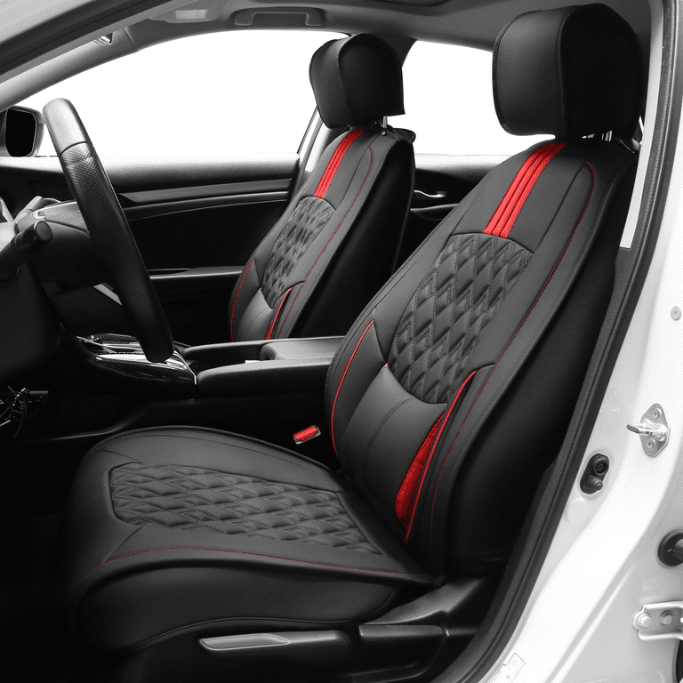 Ikon Motorsports Seat Covers w Lumbar Compatible with 2016 2021 Honda Civic Black Red PU Leather 5 Seats Seat Cover Cushion Protectors With Pocket