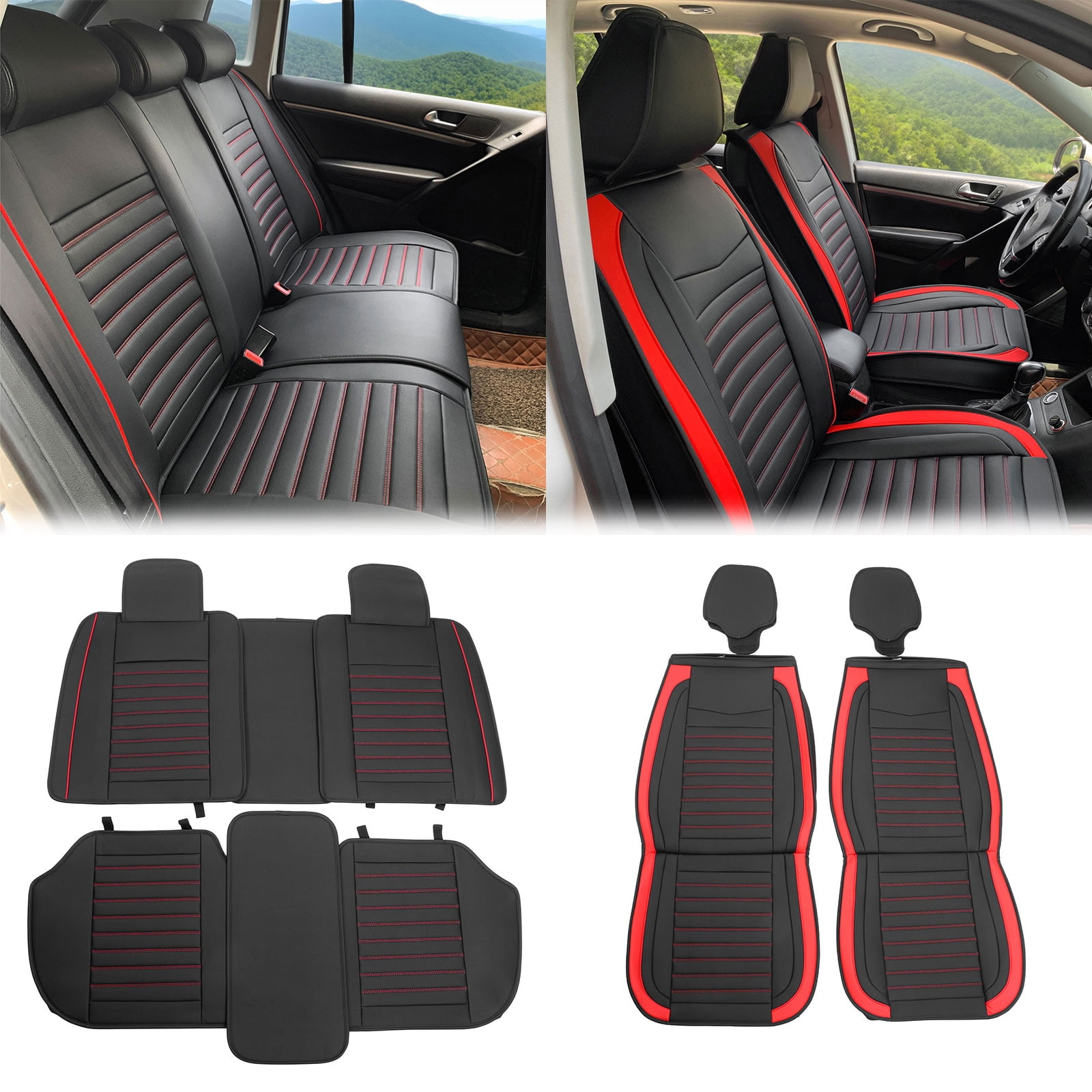 Ikon Motorsports Universal Car Seat Covers 02 Style Black + Red Striped ...