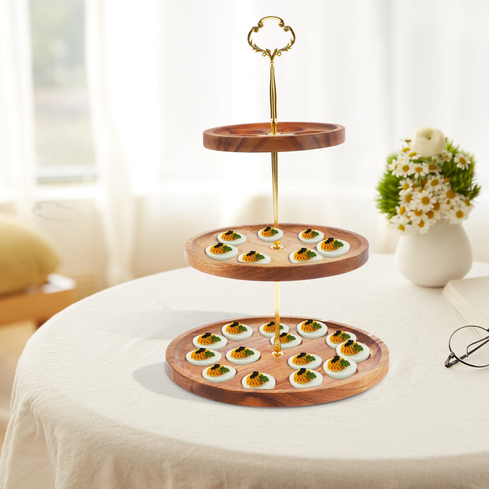 Ikoopy 3 Tier Wooden Deviled Egg Platter for Cupcake Fruit Candy Double ...