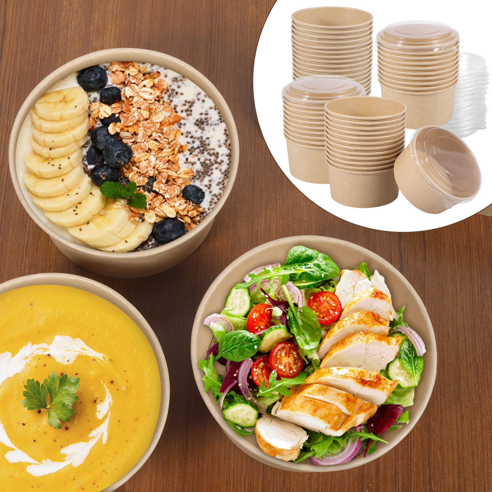 Ikoopy 50 Pcs Round Paper Bowl with Clear Lid 1000ml/32oz Serving Bowl ...