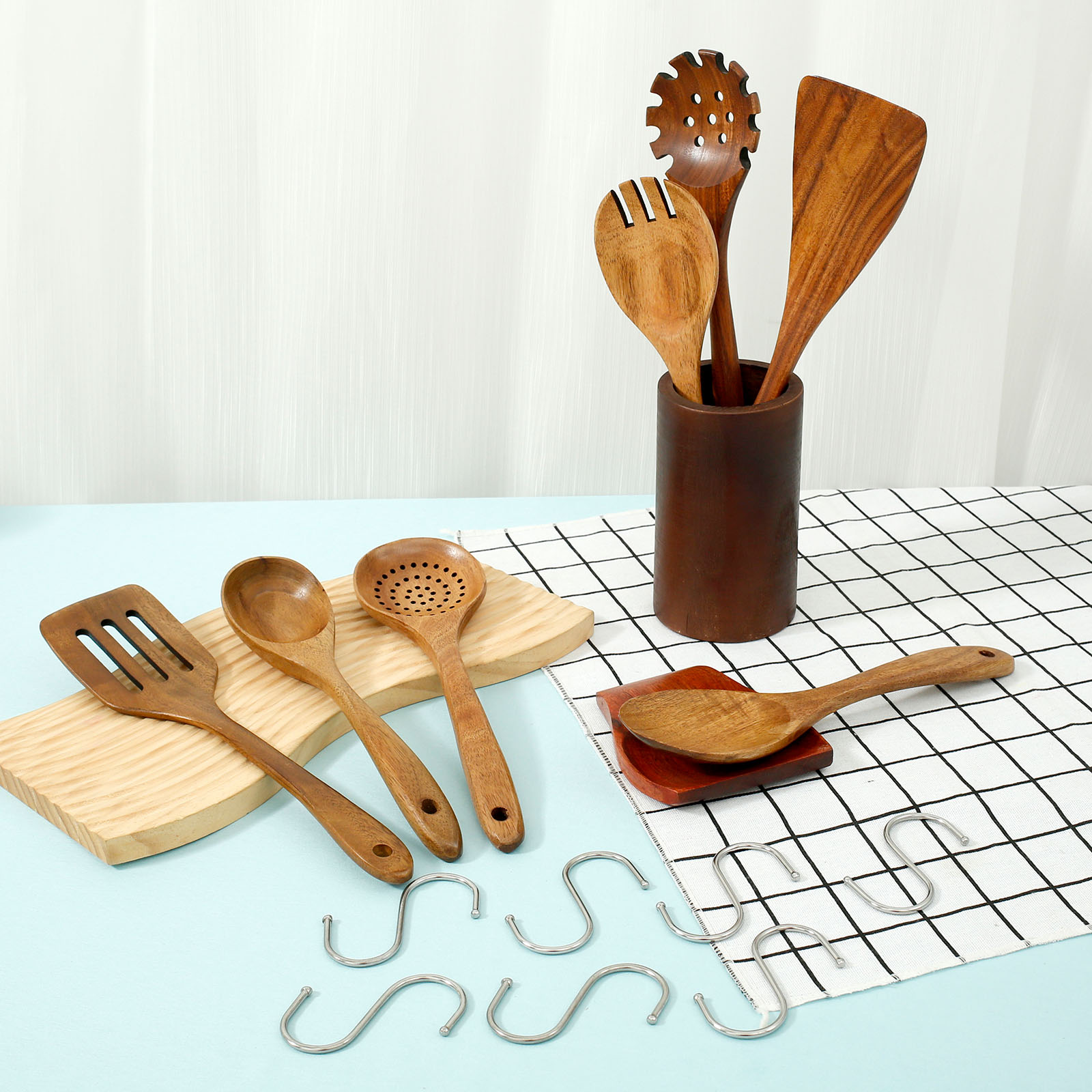 Ikoopy 9 Pcs Cooking Cutlery Set with 7 Hooks Teak Wood Kitchen ...