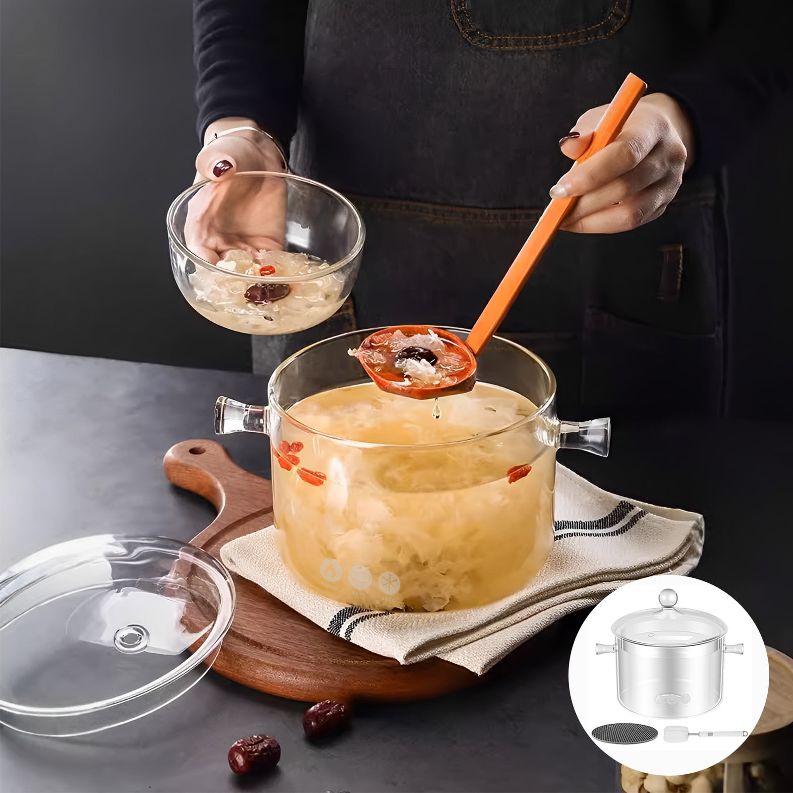 Ikoopy Clear Cooking Pot with Lid 1300/1900ml Non Stick Glass Simmer ...