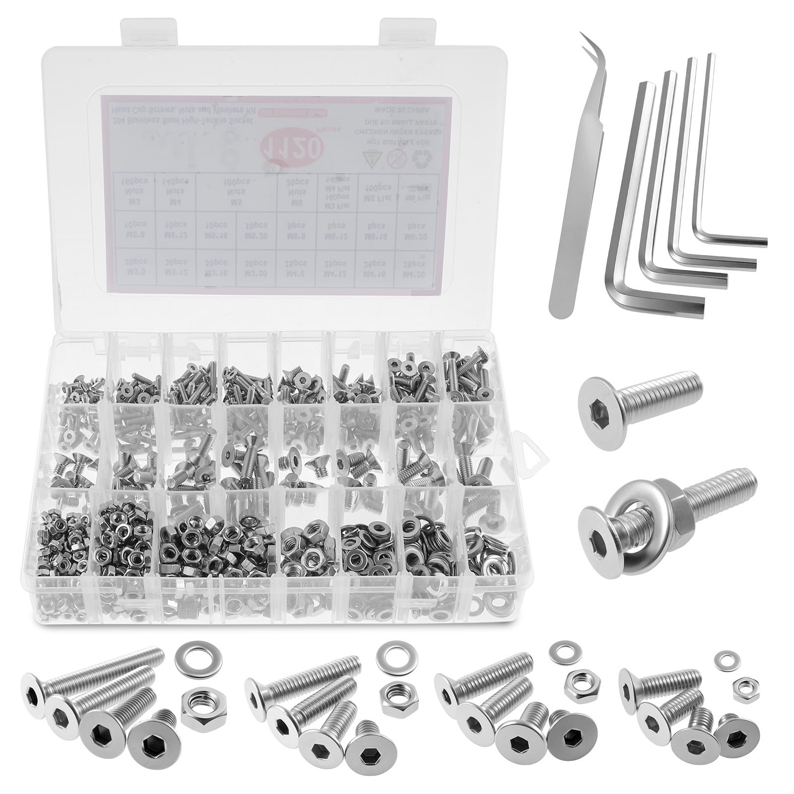 Ikoopy M3 M4 M5 M6 Countersunk Hex Socket Screw Set with Storage Case Stainless Steel Screws ...