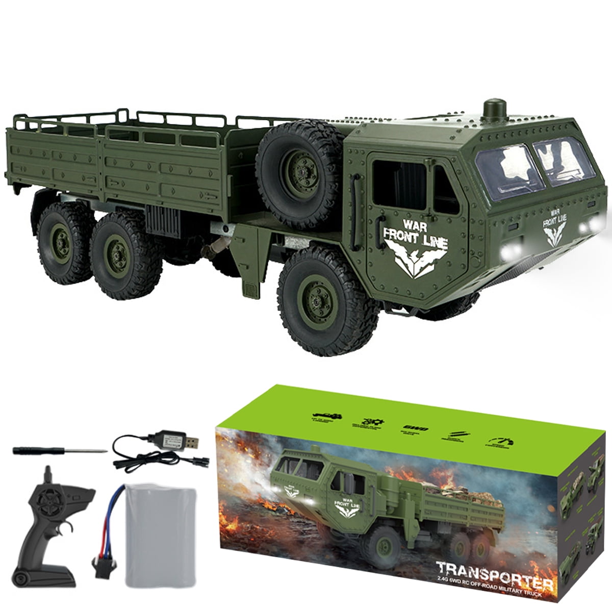 Ikoopy RC Military Truck 6WD Rechargeable 2.4GHz Remote Control Army ...