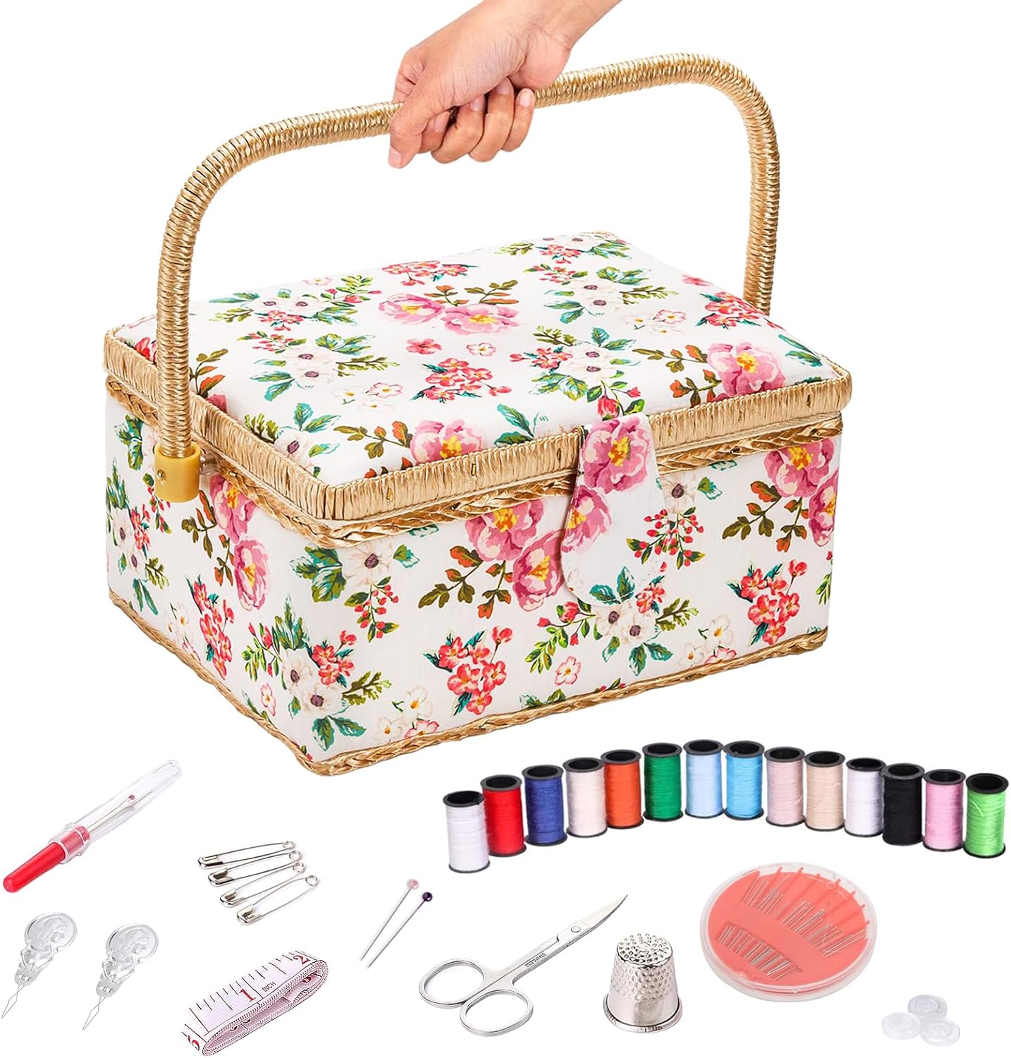 Dritz Large Kit, Pink ＆ Orange Filled Sewing Basket