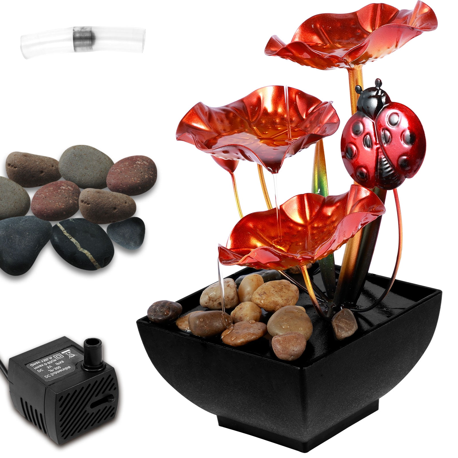 NUAHRHY Tabletop Fountain USB Powered Small Lotus Waterfall with Rocks ...