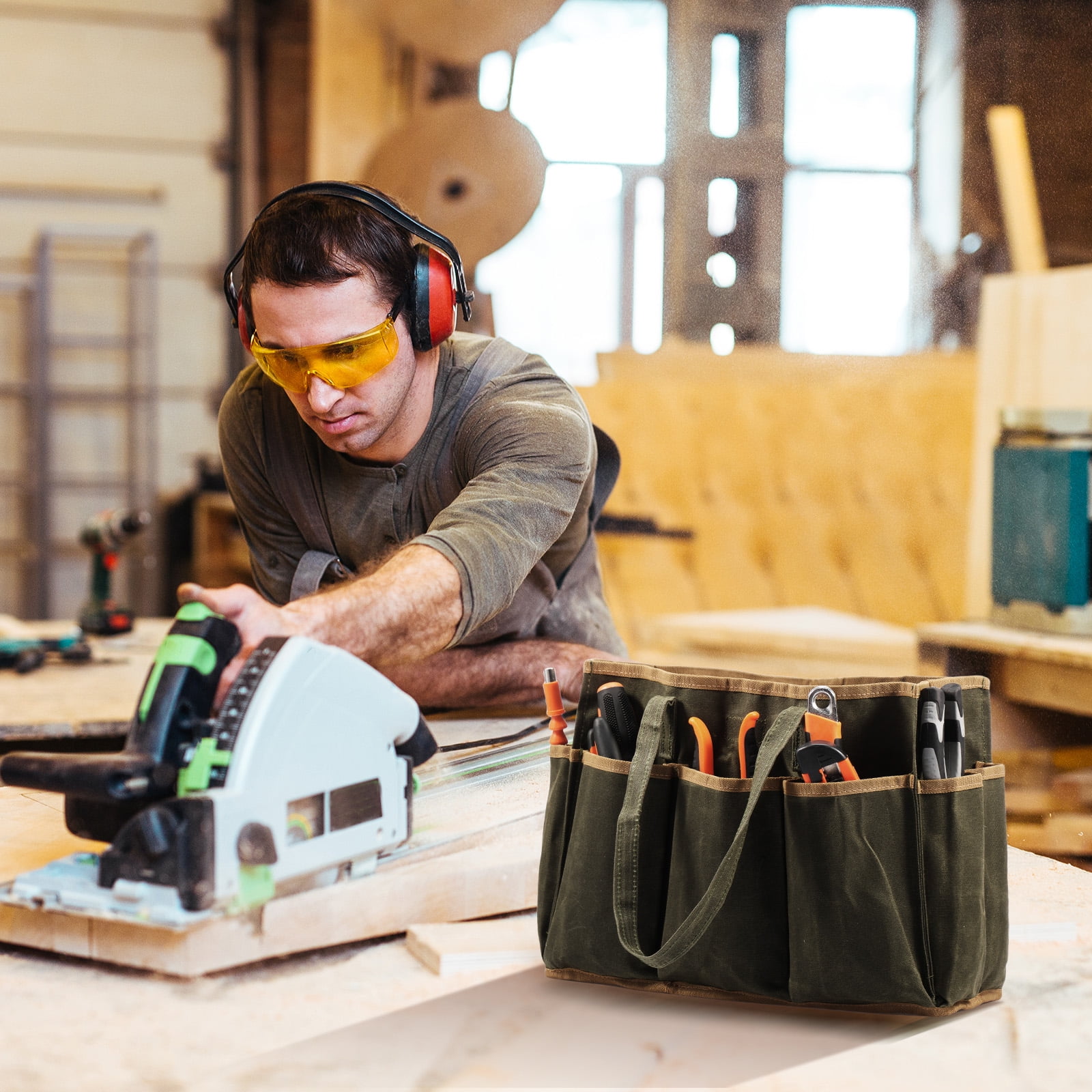 Ikoopy Waxed Canvas Multi Pocket Tool Tote Bag Large Capacity ...