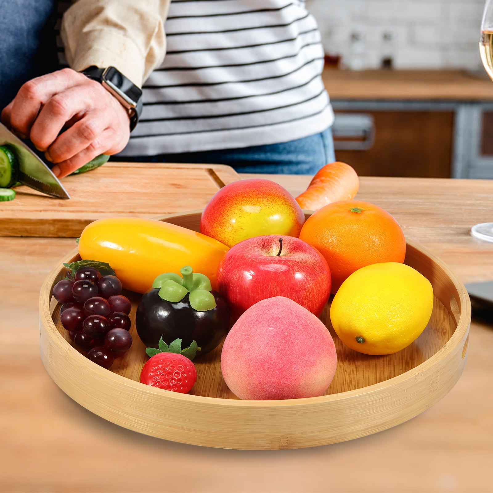 Ikoopy Bamboo Serving Tray Round Smooth Wood Tray with Easy Grip ...