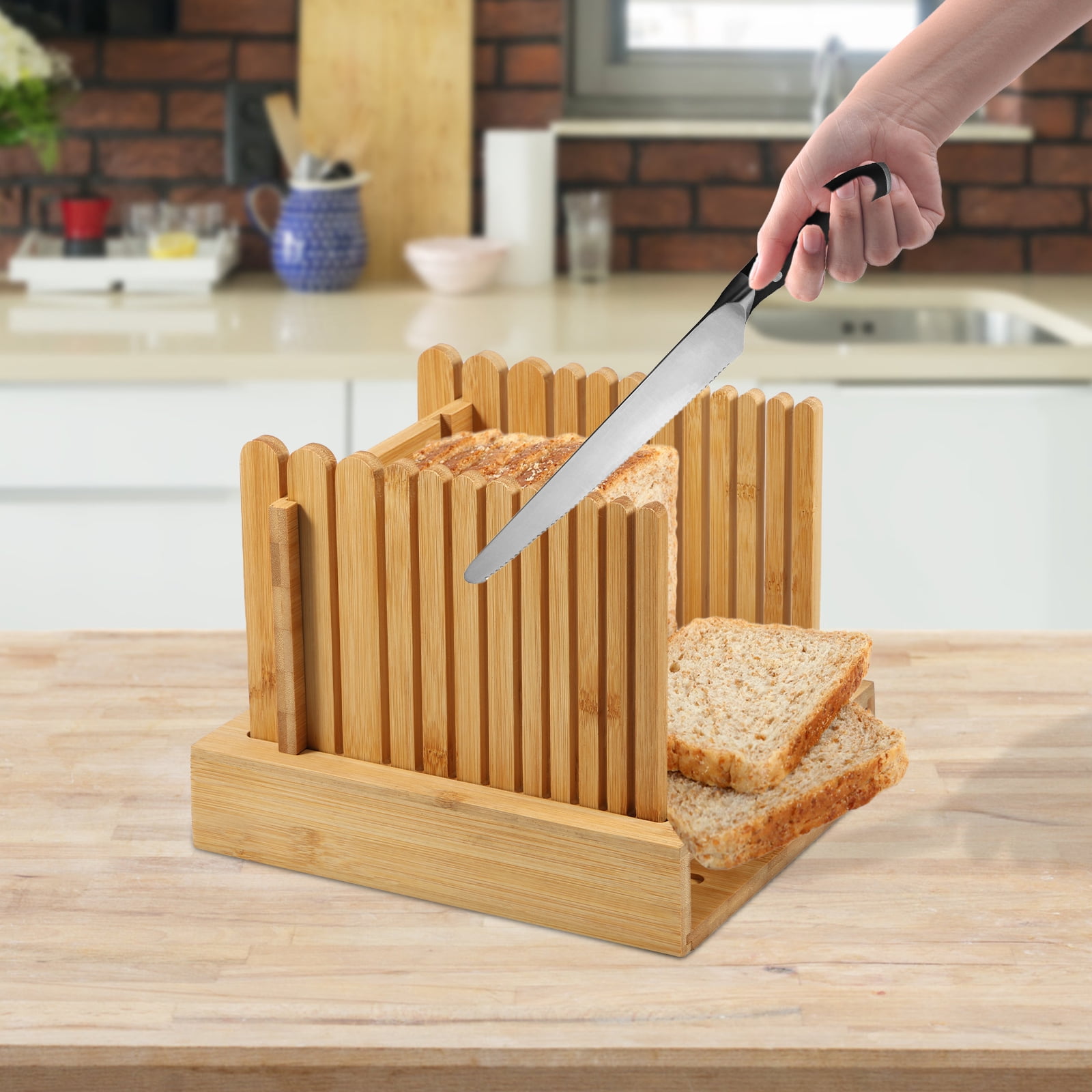 Ikoopy Bread Slicer with Crumb Tray Adjustable Width Bread Slicer Small ...