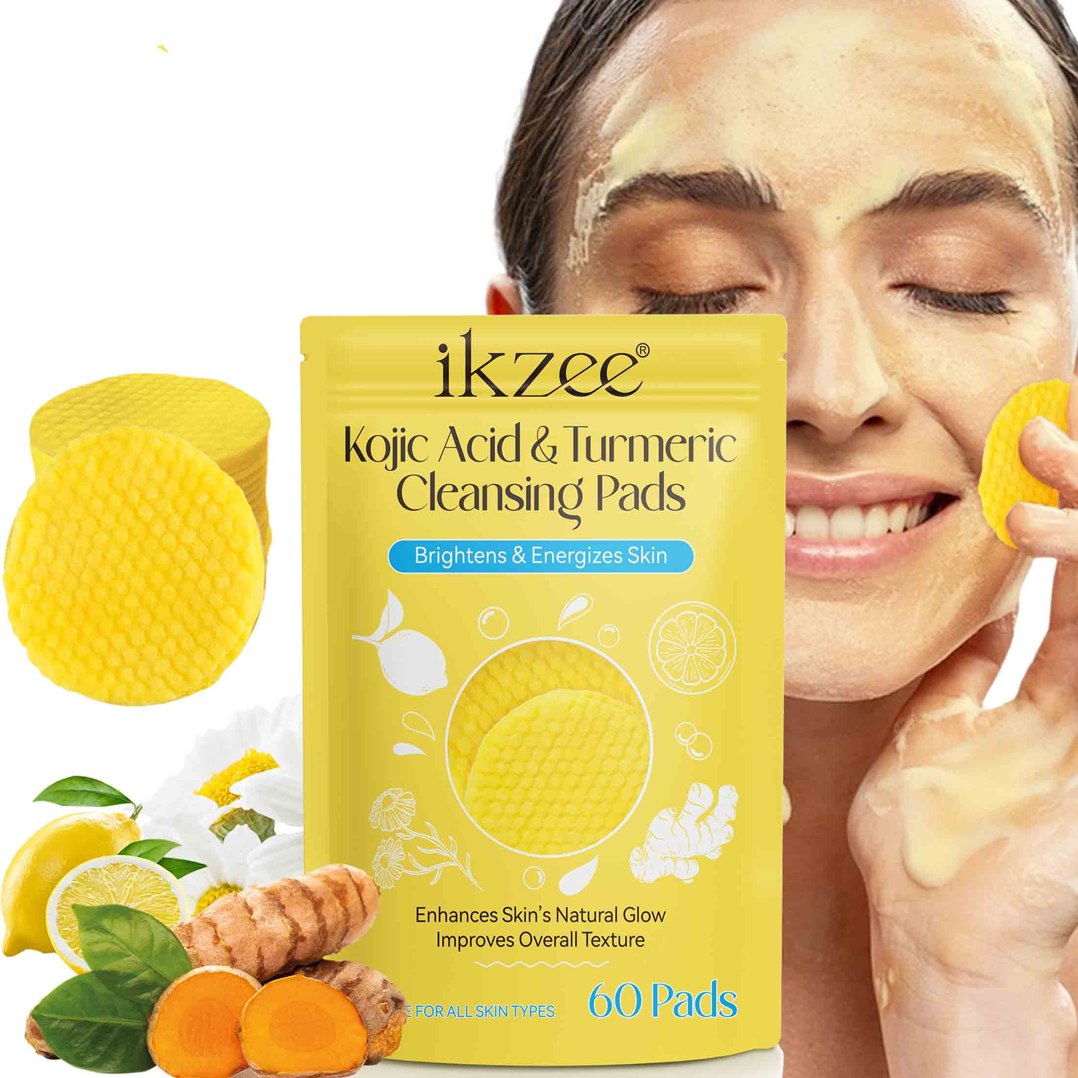 Ikzee Turmeric Kojic Acid Cleansing Pads 60 Counts, Compressed Facial Sponges for Cleansing and ...