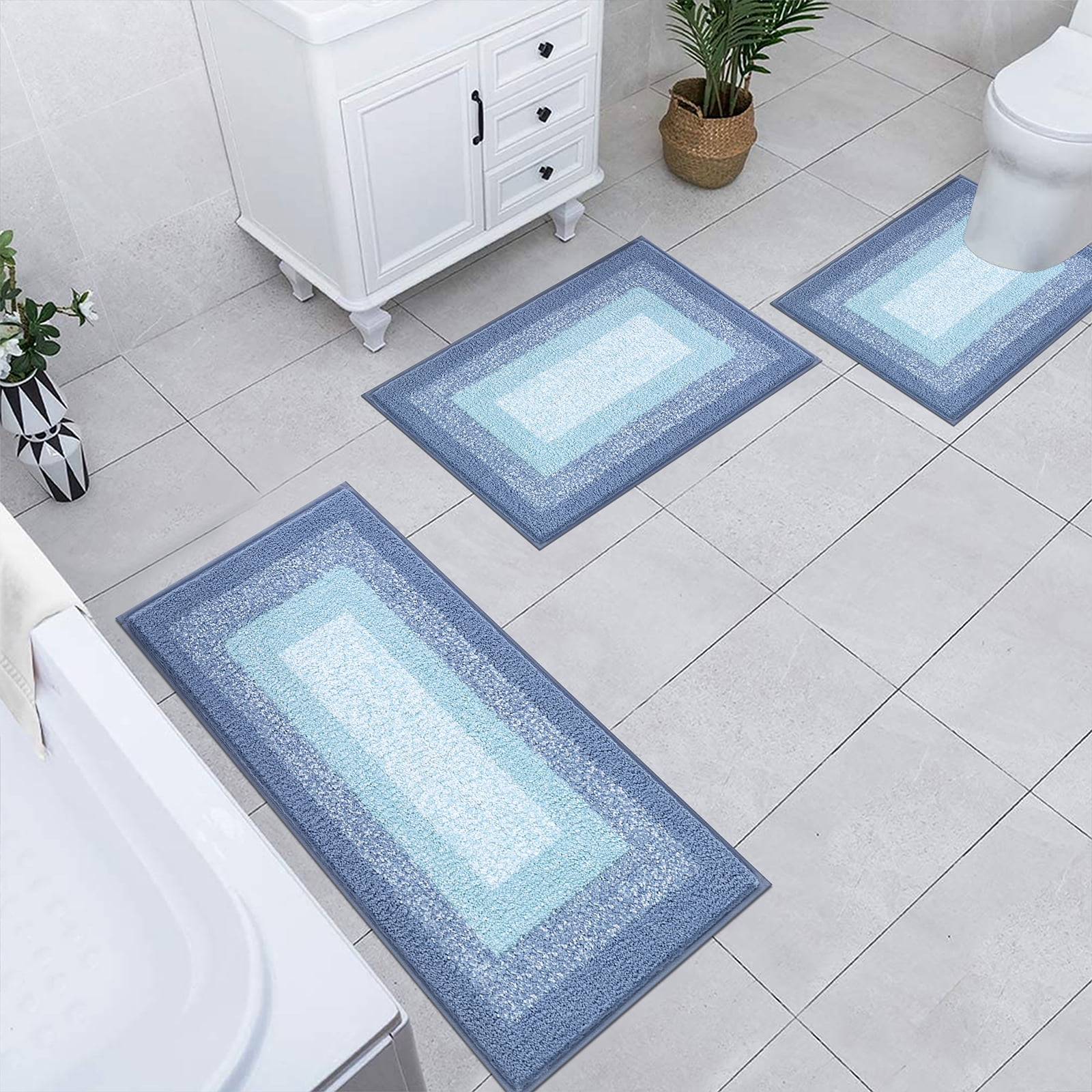 Ileading 3 Piece Bath Rug Set Microfiber Washable Non Slip Bathroom Rug ...