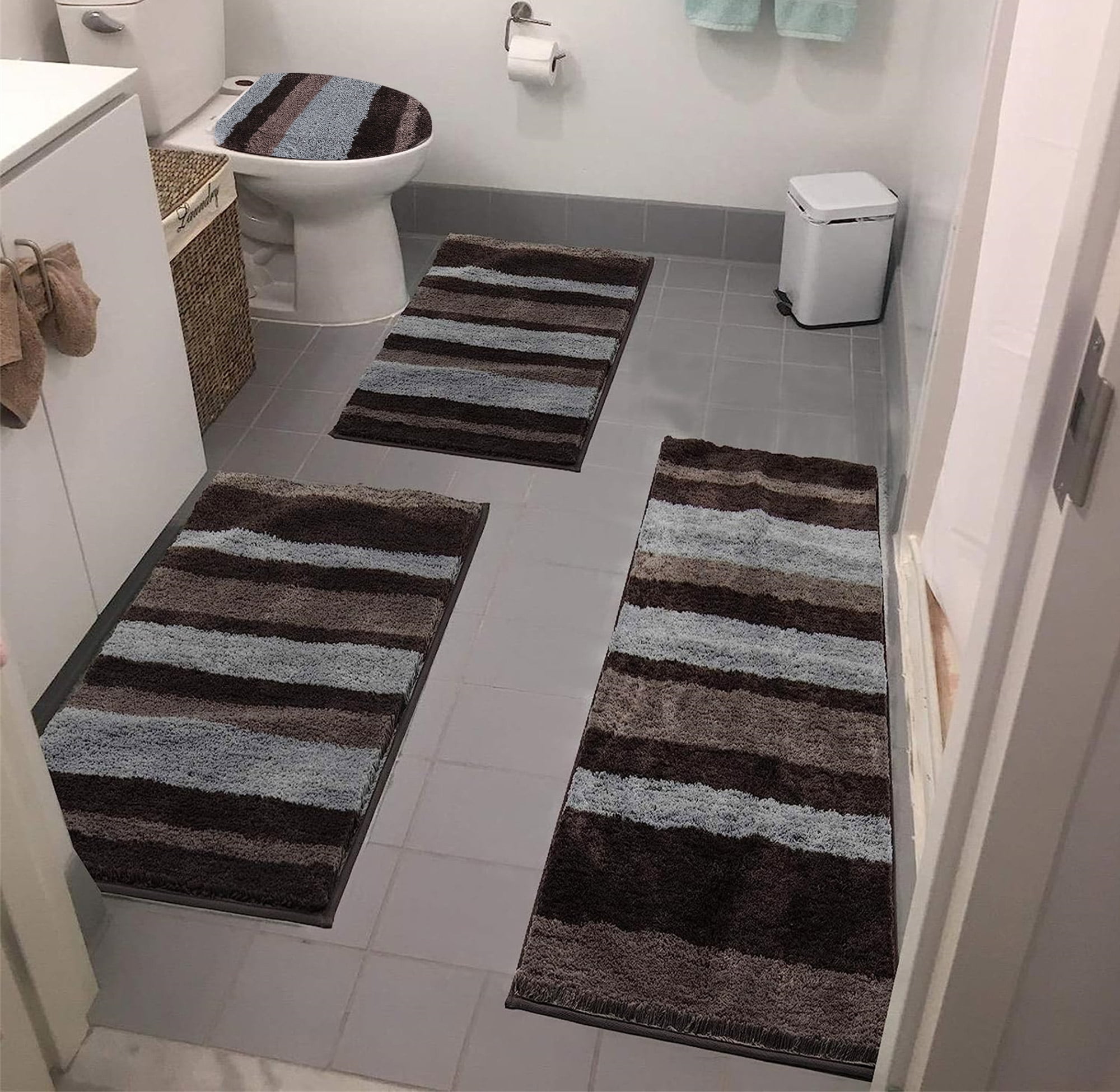 Ileading 4 Piece Stripe Bath Shag Contour Plush Bathroom Rugs ...