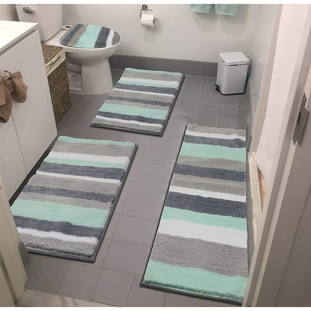 Ileading 4 Piece Stripe Bathroom Rugs Set, Non Slip, Machine Washable ...