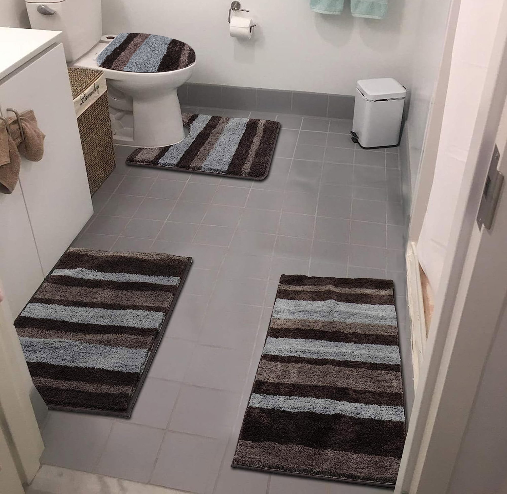 Ileading 4 Piece Stripe Bathroom Bath Shag Contour Plush Rugs ...