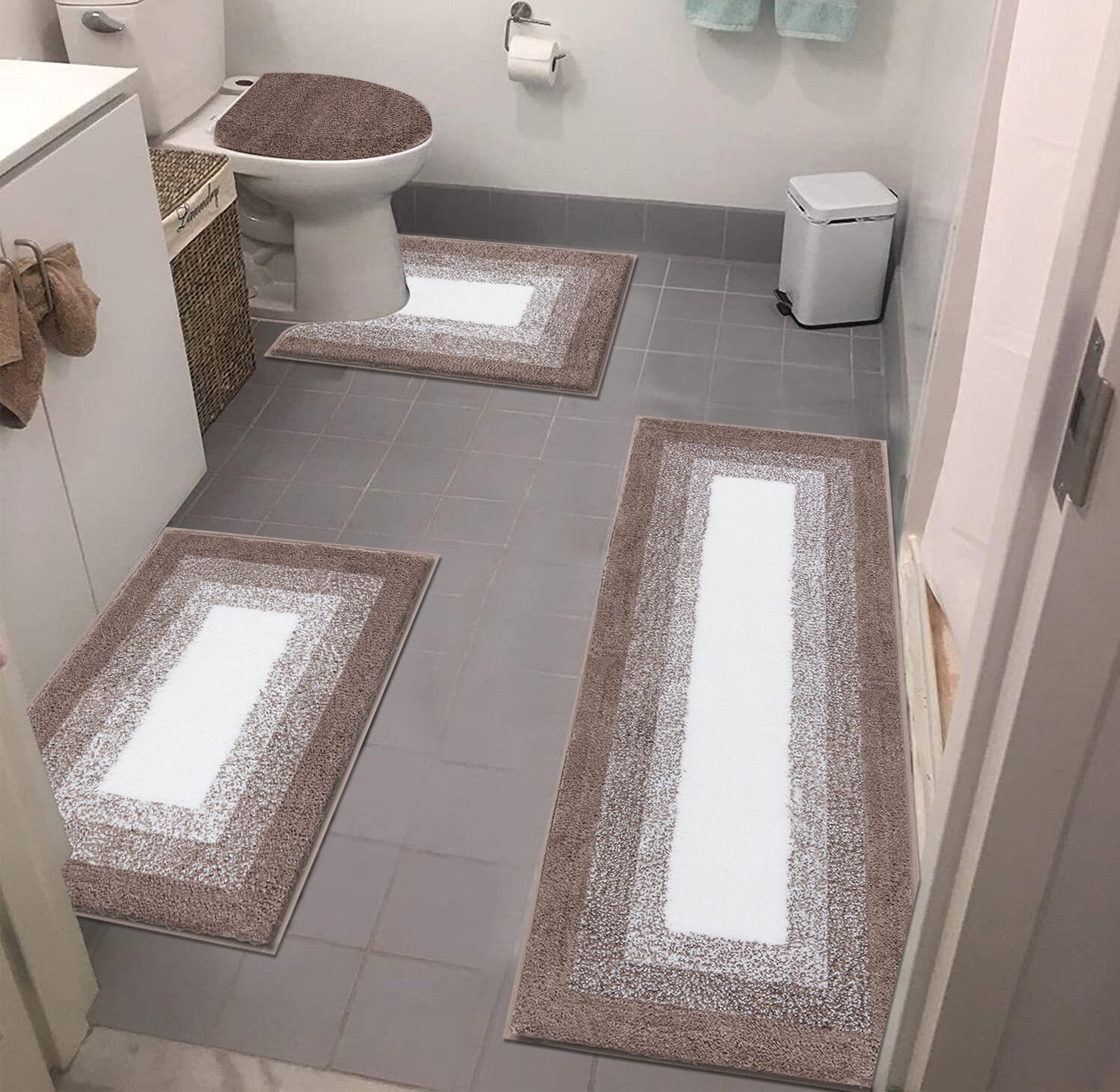 ILeading 4 Piece Plush Shaggy Microfiber Bathroom Rugs Set with U ...