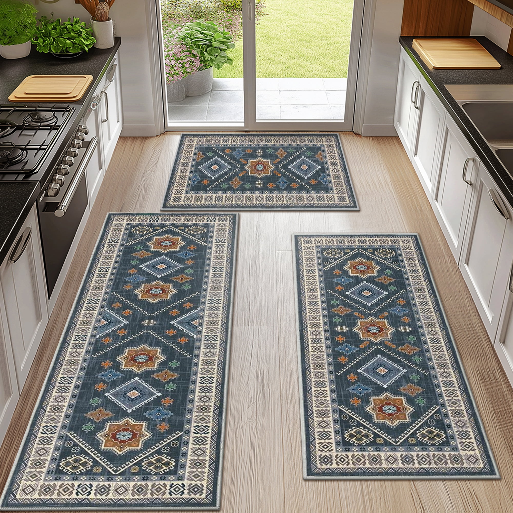Ileading 3 Piece Non Skid Long Boho Kitchen Mat Runner Set ...