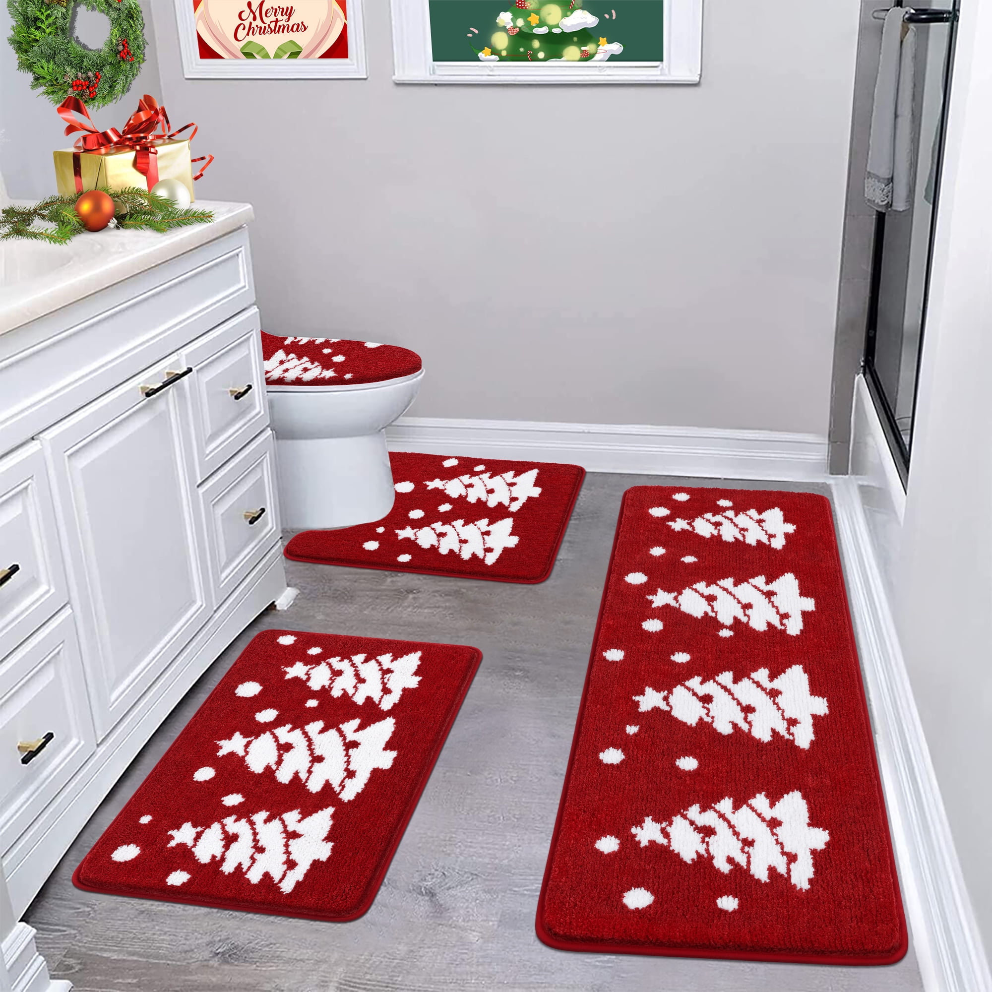 Ileading Christmas Bathroom Rug Set of 4 for Cute Bath Mat Non-Slip ...