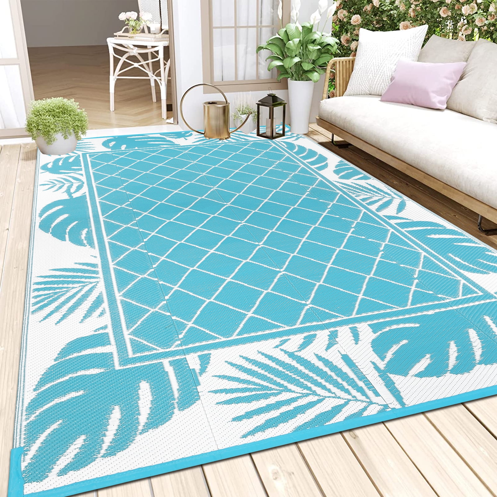 Ileading Reversible Outdoor Rug, 6'x9' Aqua Blue, High Quality Recycled ...