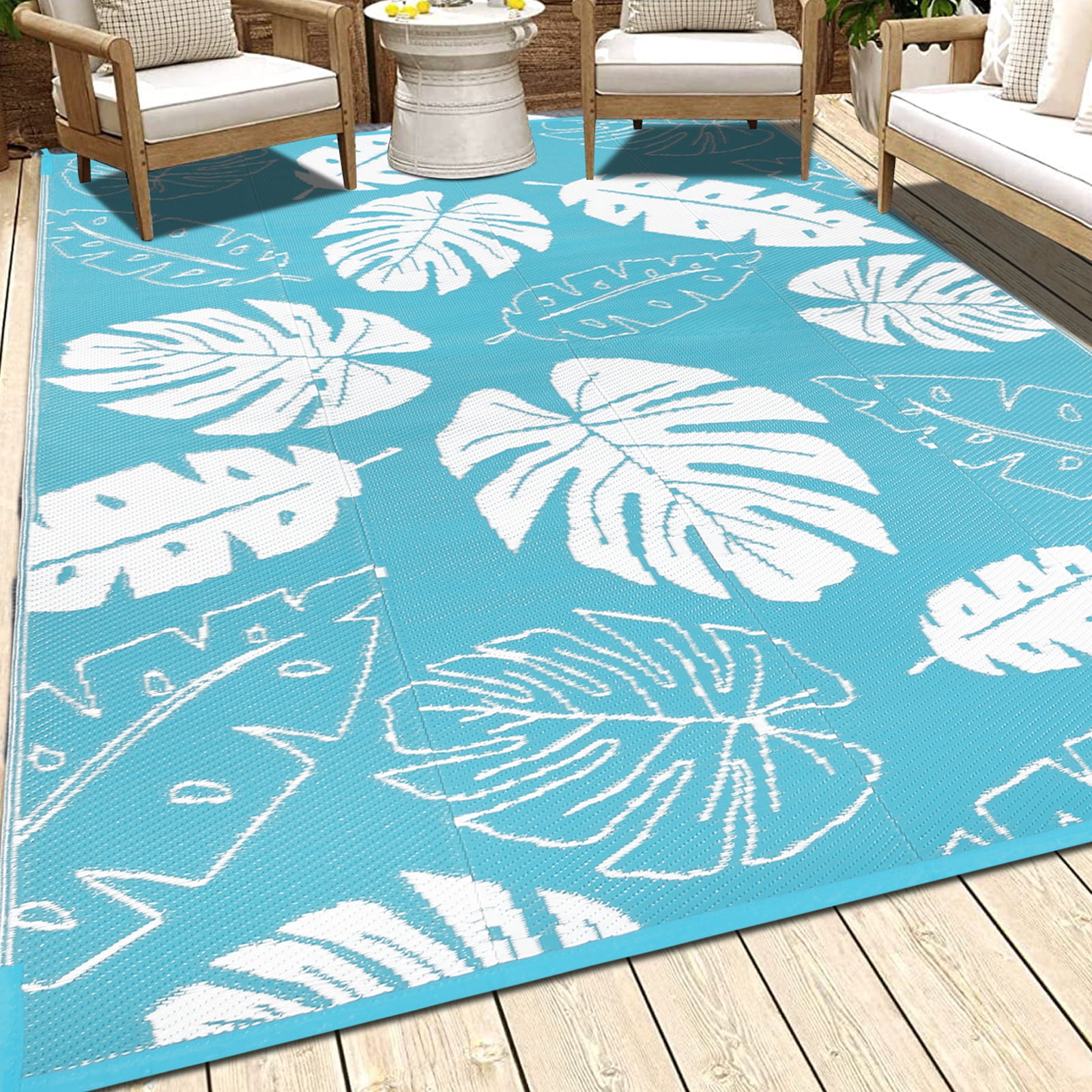 Ileading Reversible Straw Outdoor Mats 6'x9', Waterproof Aqua Blue Rug ...