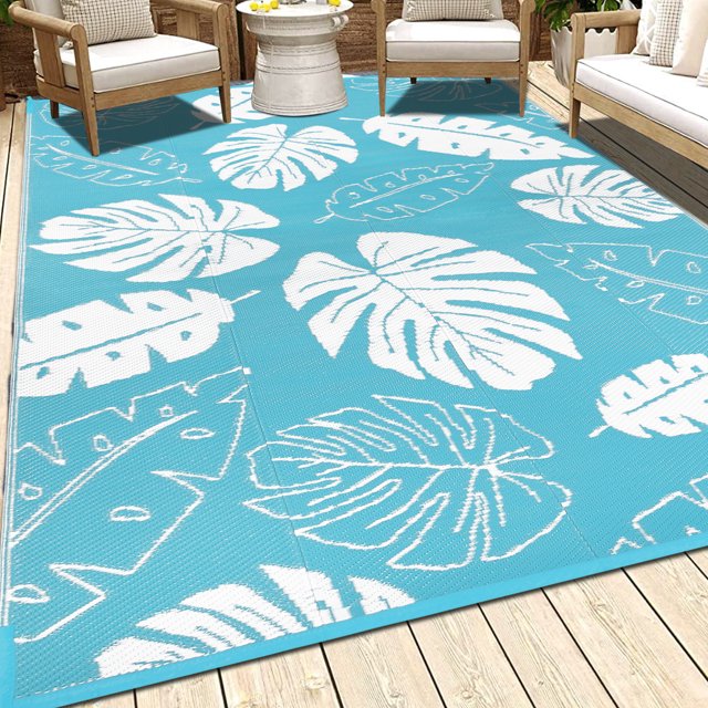 Ileading Reversible Straw Outdoor Mats 6'x9', Waterproof Aqua Blue Rug ...