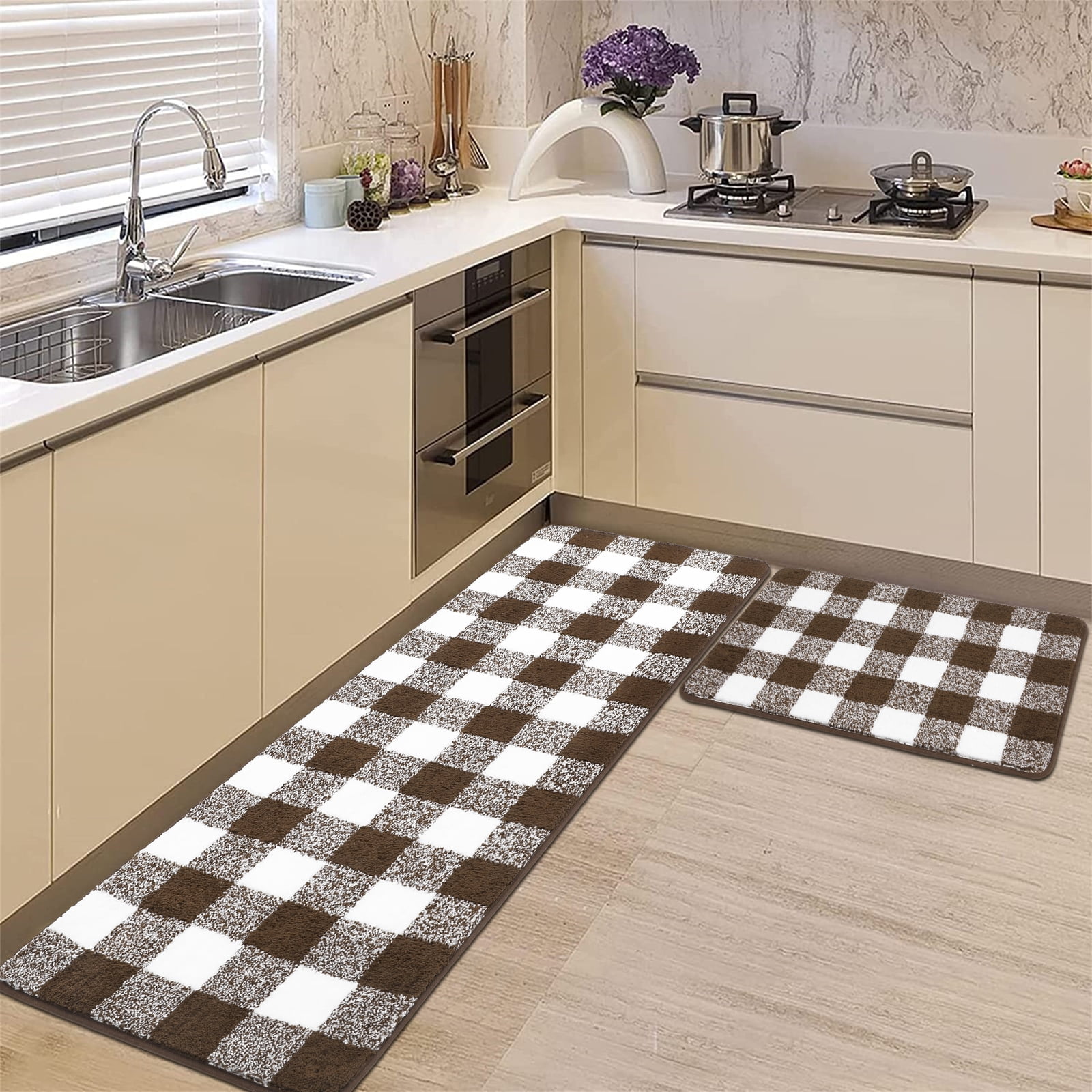 Ileading Kitchen Rugs Set Of 2 Runner Non Slip Buffalo Plaid Mats for ...