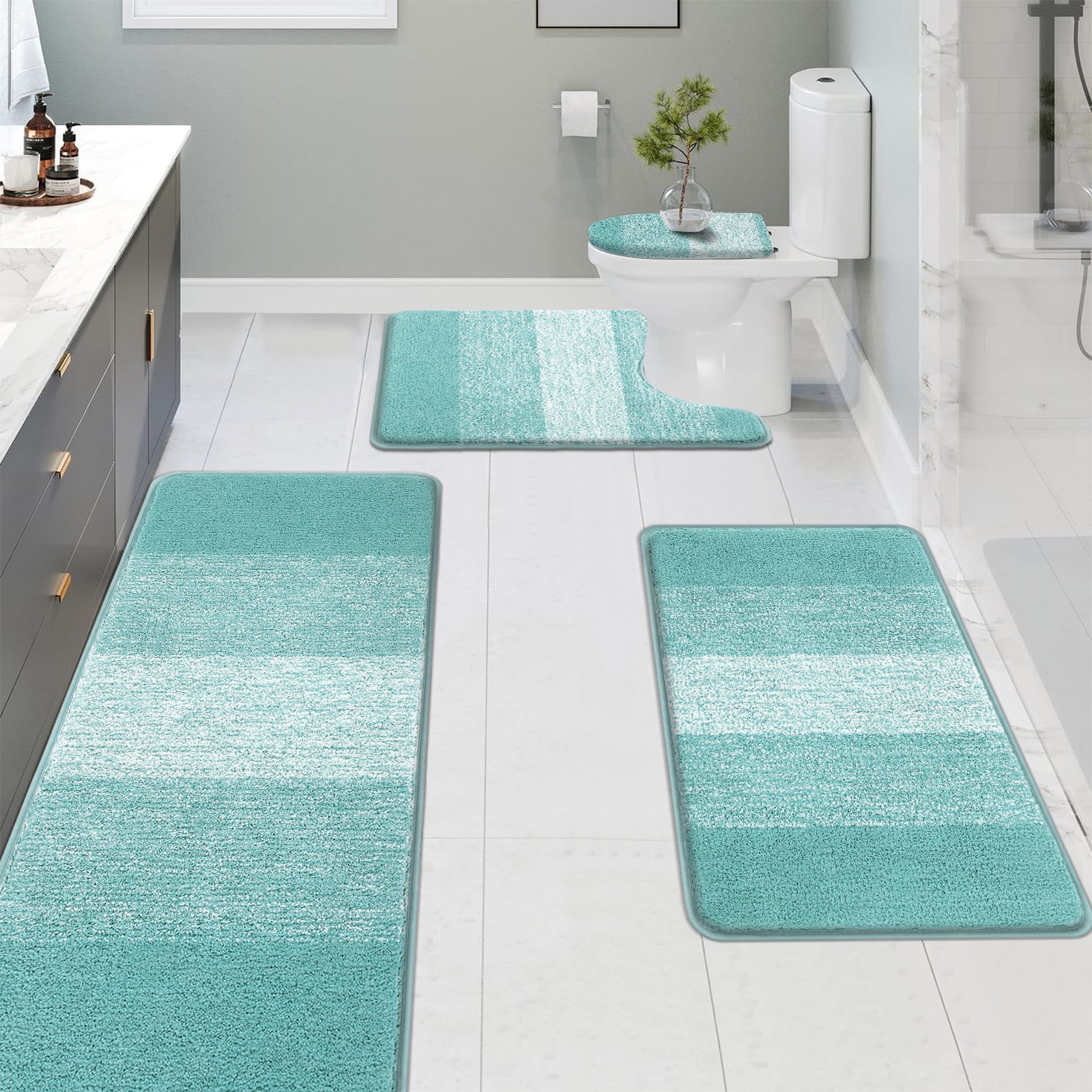 Ileading Traditional 4 Piece Microfiber Washable Bathroom Rug Set, Teal ...