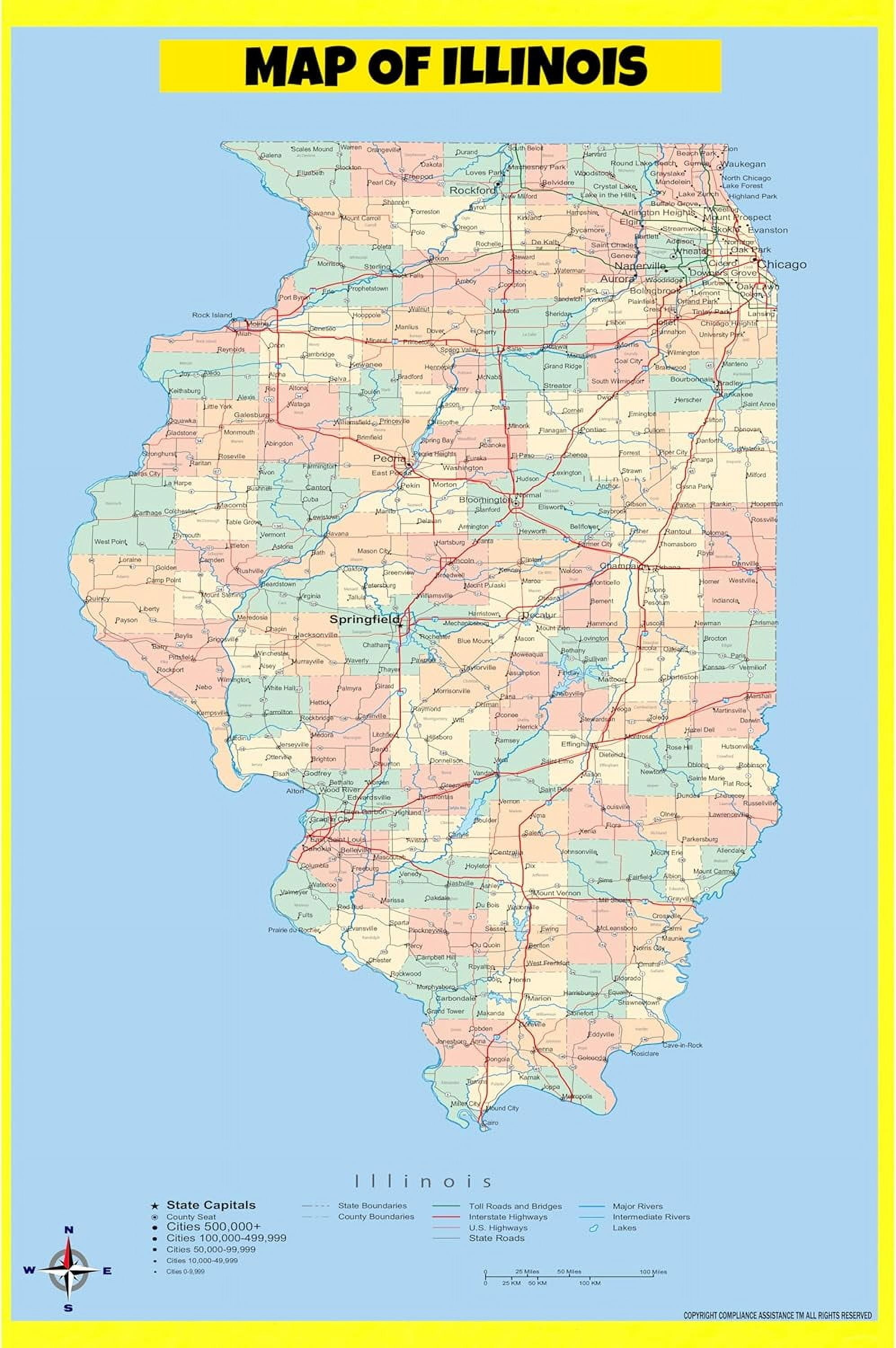 Illinois Map Poster - Laminated Wall Map - Style A - 36x60 - Ideal for Classrooms and Homes ...