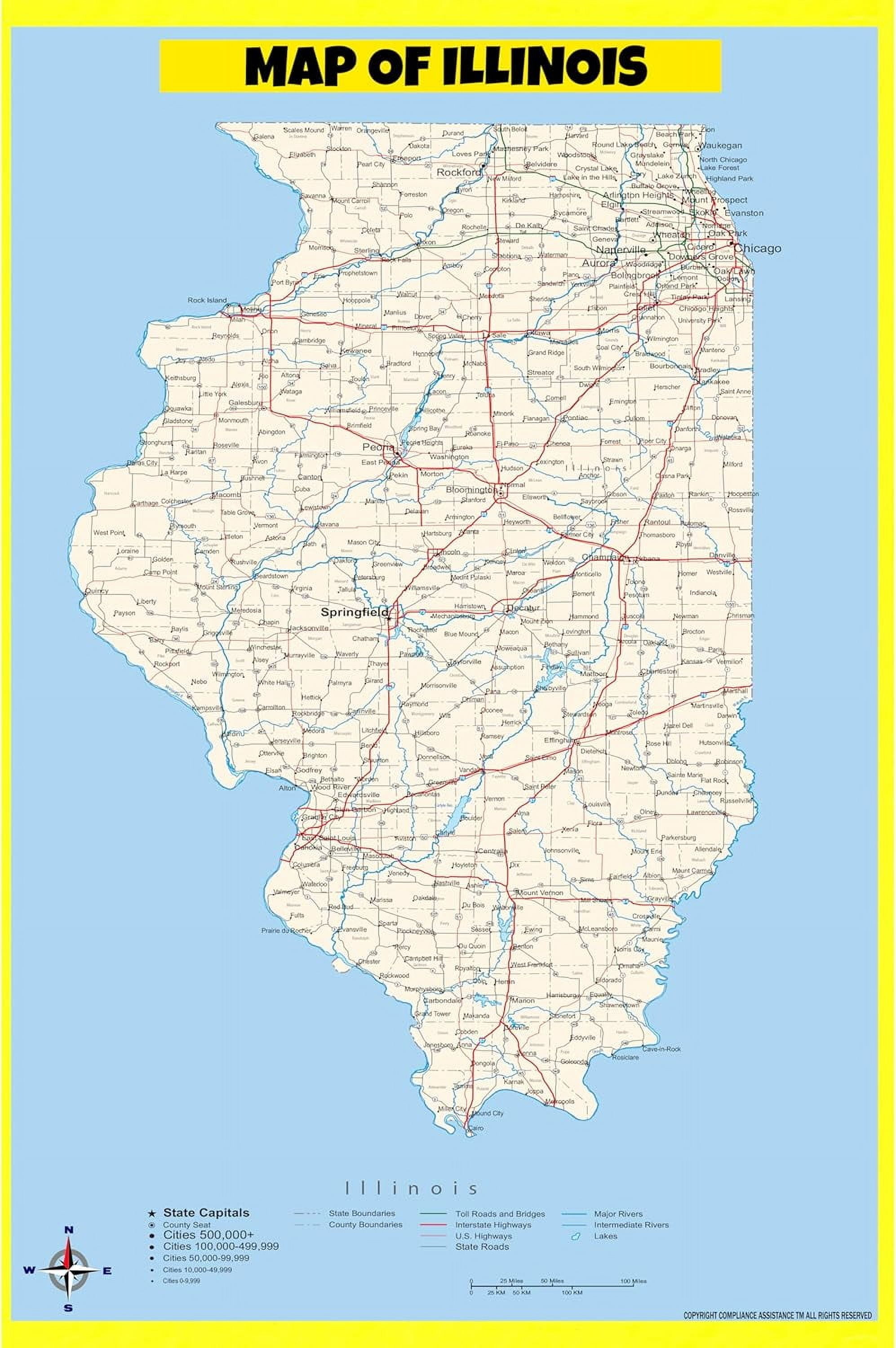 Illinois Map Poster - Laminated Wall Map - Style B - 18x24 - Ideal for ...