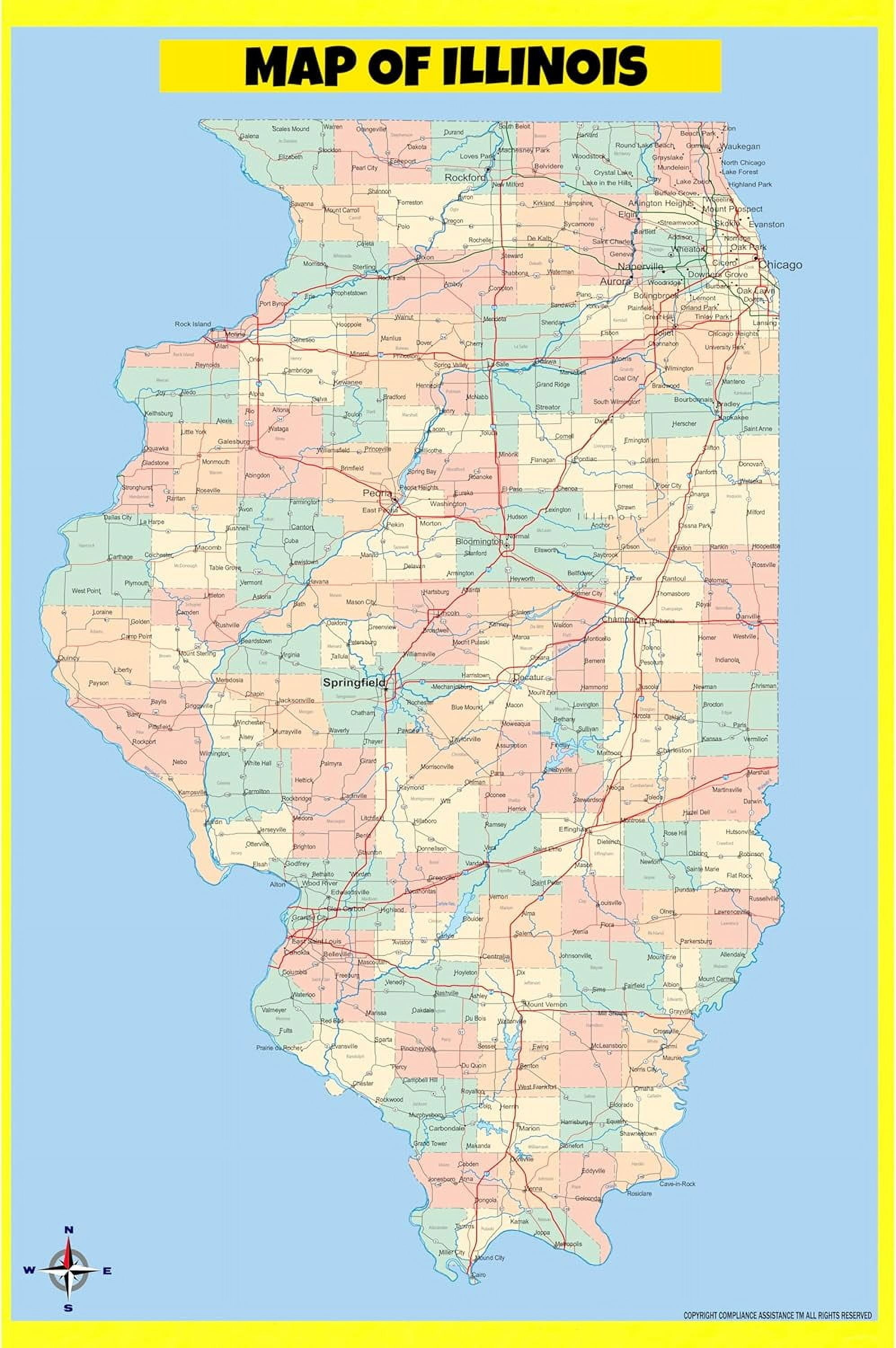Illinois Map Poster - Laminated Wall Map - Style C - 24x36 - Ideal for Classrooms and Homes ...