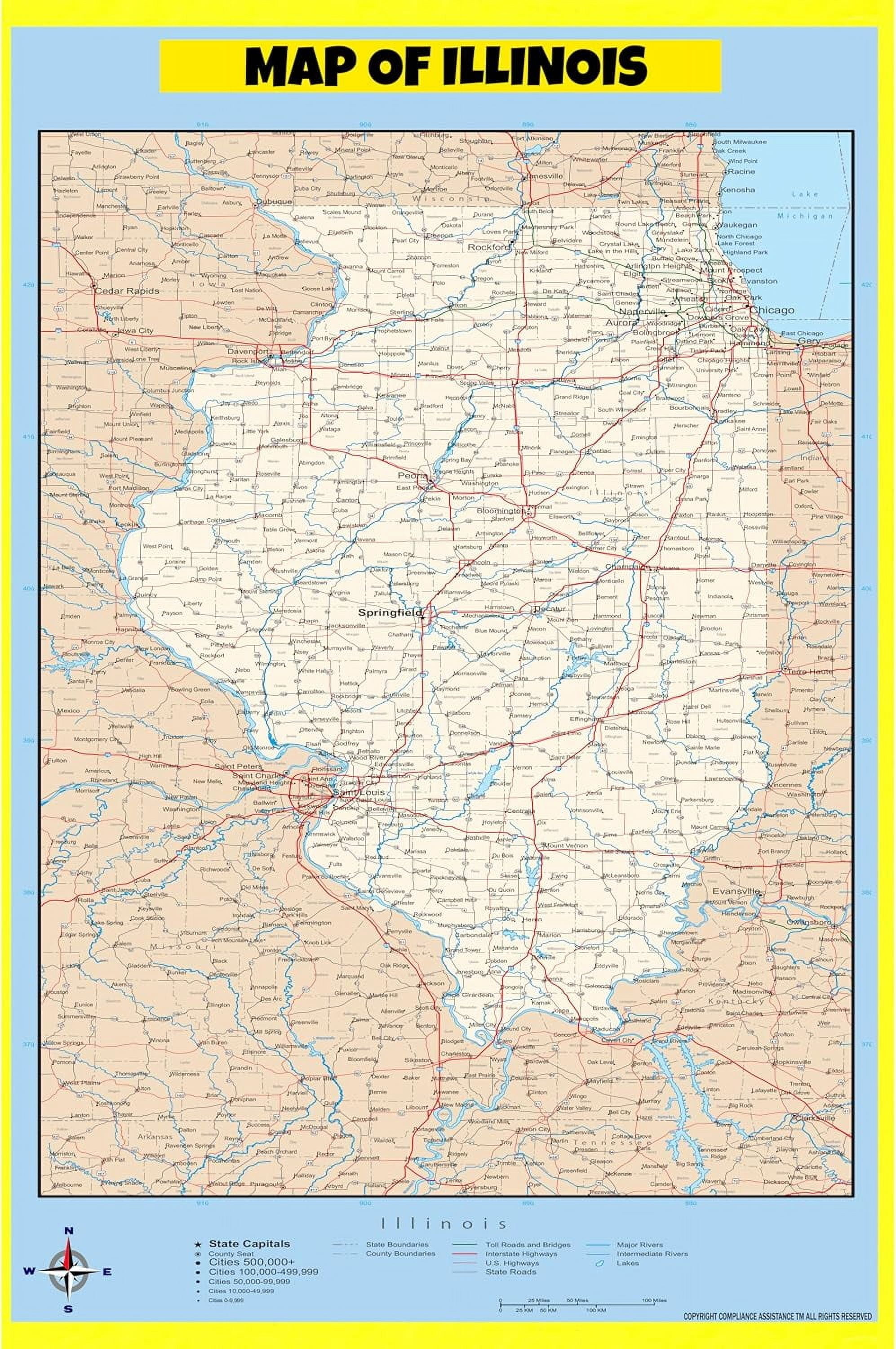 Illinois Map Poster - Laminated Wall Map - Style D - 18x24 - Ideal for ...
