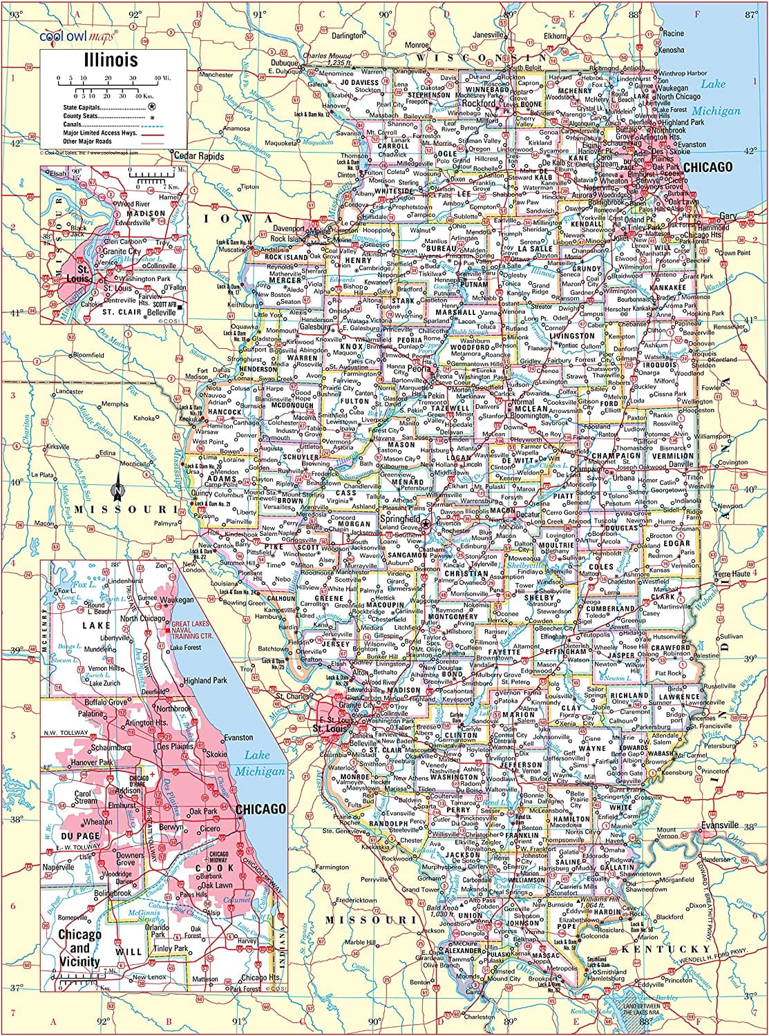Illinois State Wall Map Large Print Rolled 24"Wx30"H (Laminated ...
