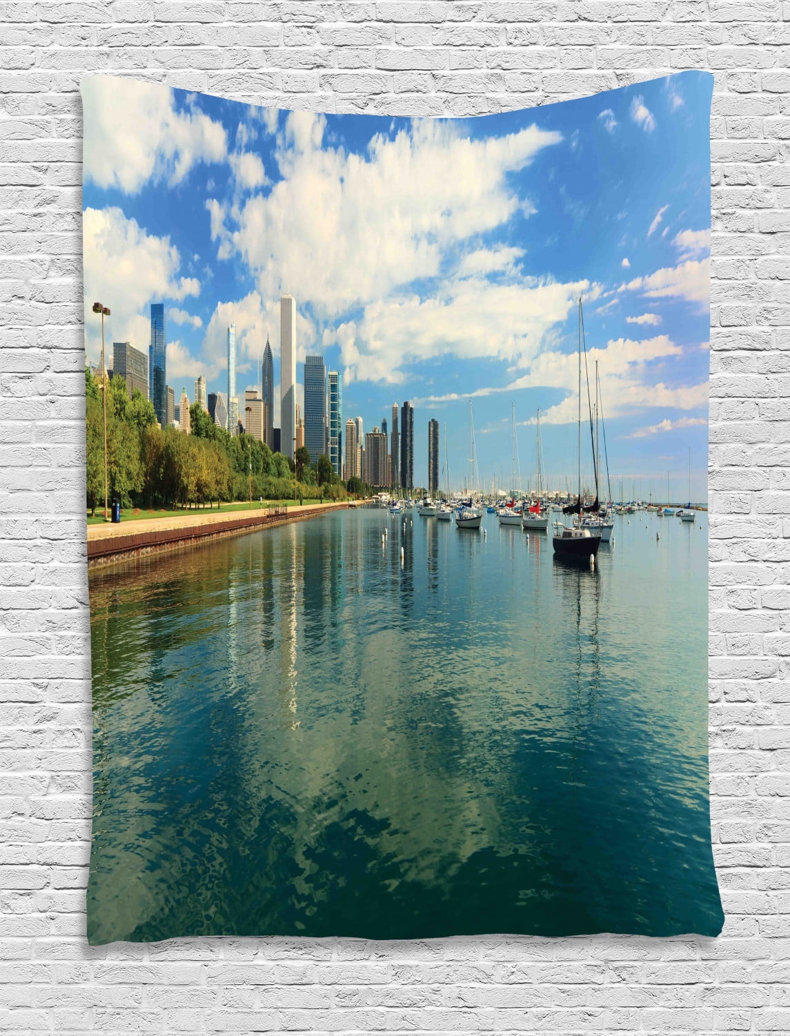Illinois Tapestry, Lake Michigan Scenery with A Yacht Downtown Chicago ...