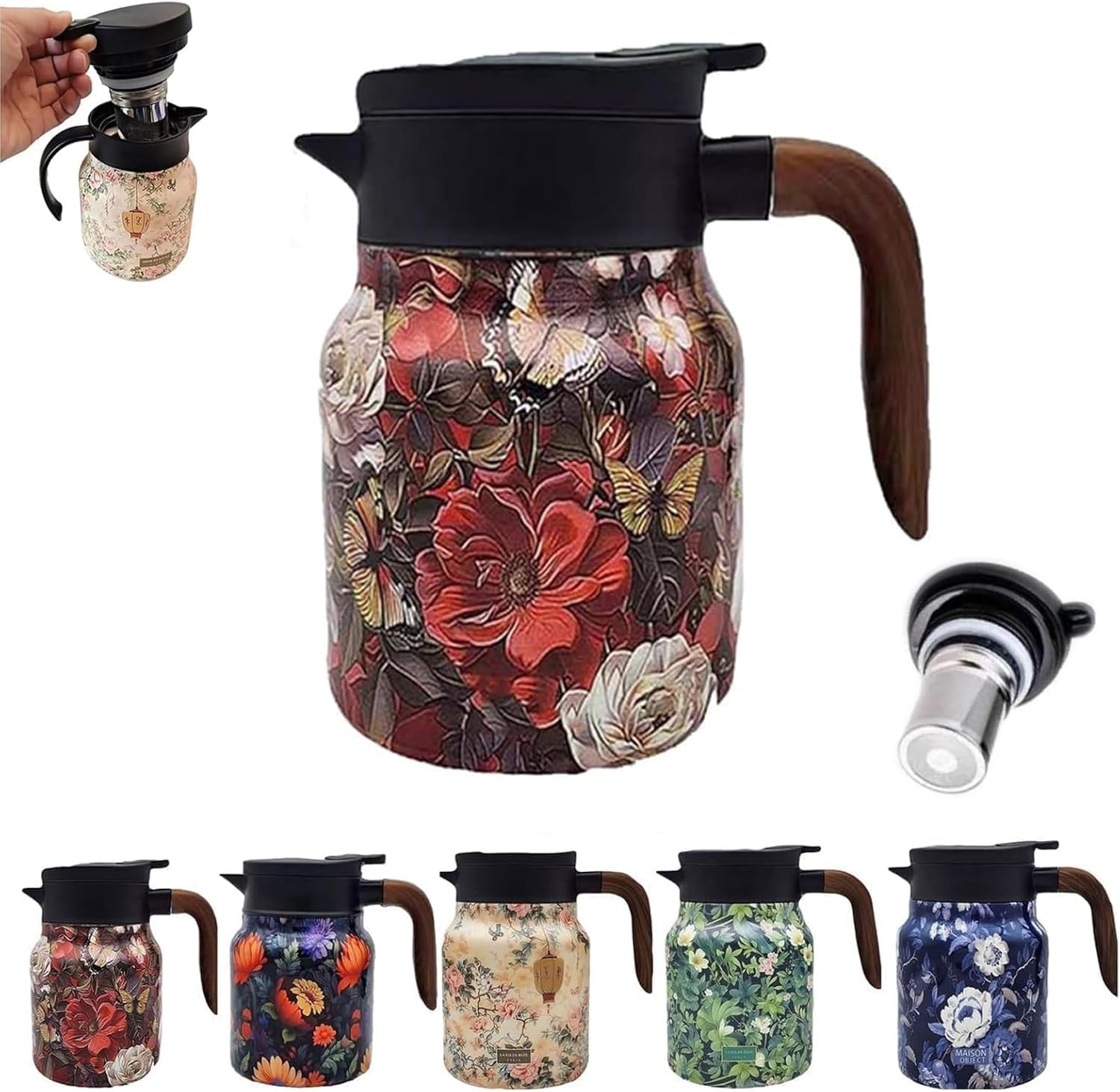 Illuminate Tea Thermos,Insulated Tea Pot with Infuser,Vintage Floral ...